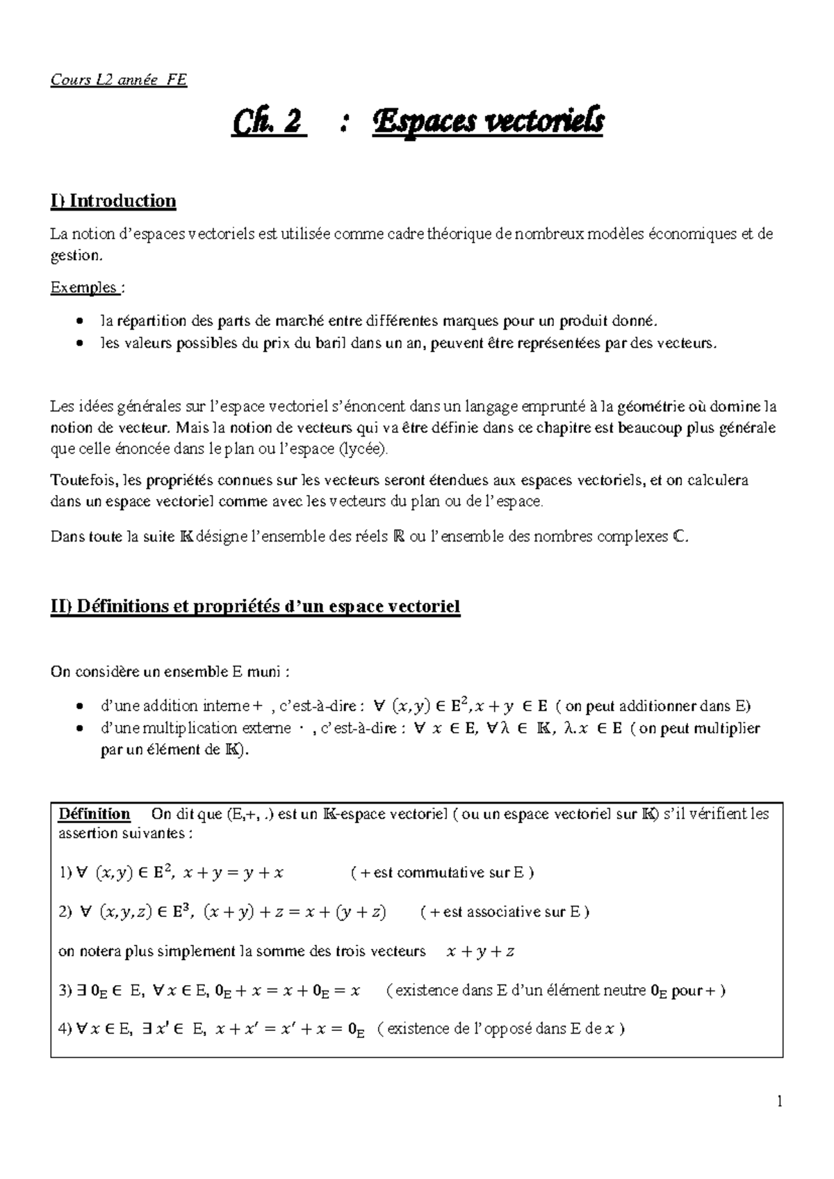 L2 Cours - Chapitre 2 : Espaces Vectoriels et Propriétés - Studocu