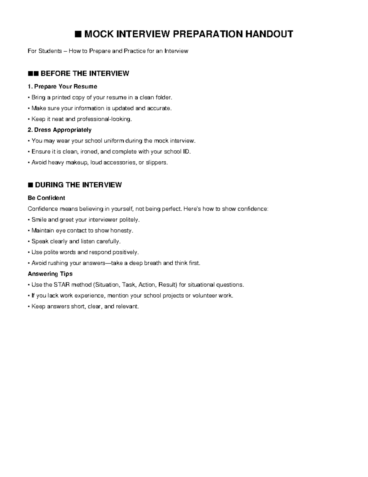 MOCK INTERVIEW PREP HANDOUT: Tips for Success - Studocu