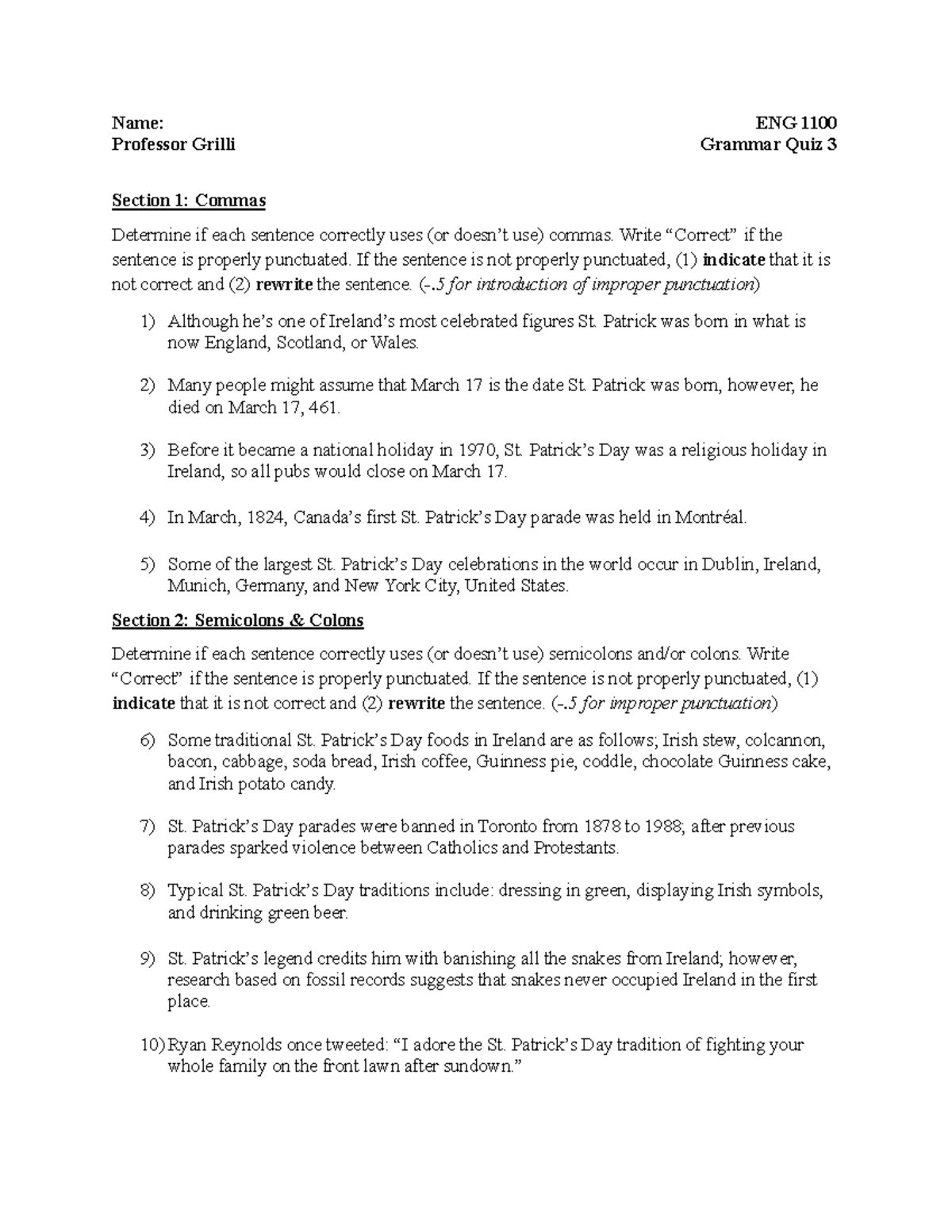 ENG 1100 Grammar Quiz 3: Commas, Semicolons, and Colons - Studocu