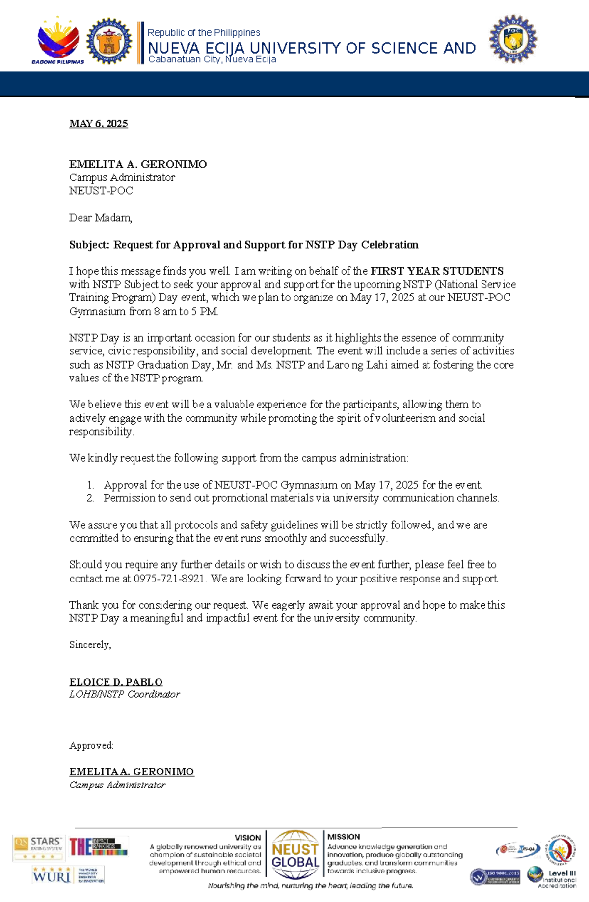 NSTP Day Celebration Request and Mr. and Ms. NSTP 2025 Guidelines - Studocu