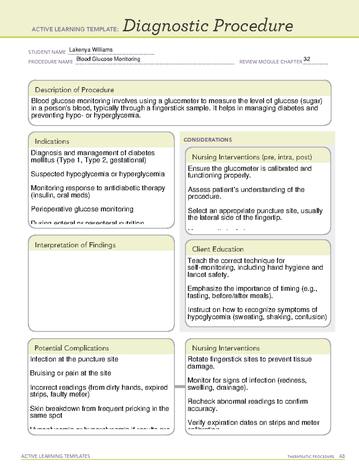 ACTIVE LEARNING TEMPLATE: Blood Glucose Monitoring Procedure A3 - Studocu