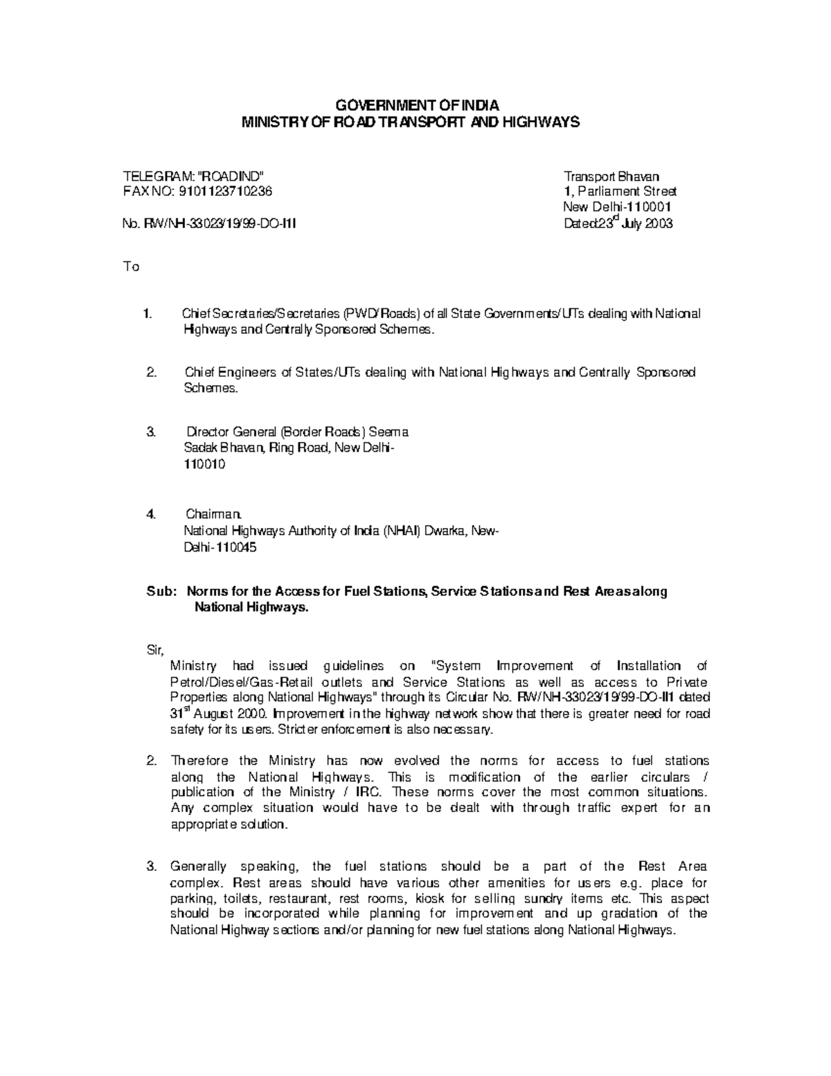 Norms for Fuel Stations along National Highways (MORTH Circular) - Studocu