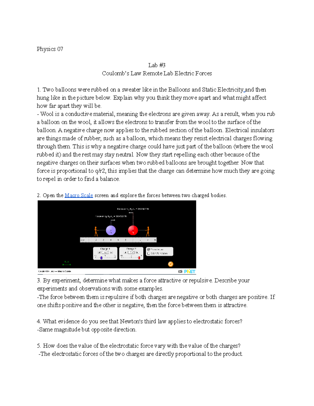 Physics 7 Lab #3 Coulomb's Law Remote Lab Electric Forces - Physics 07 ...