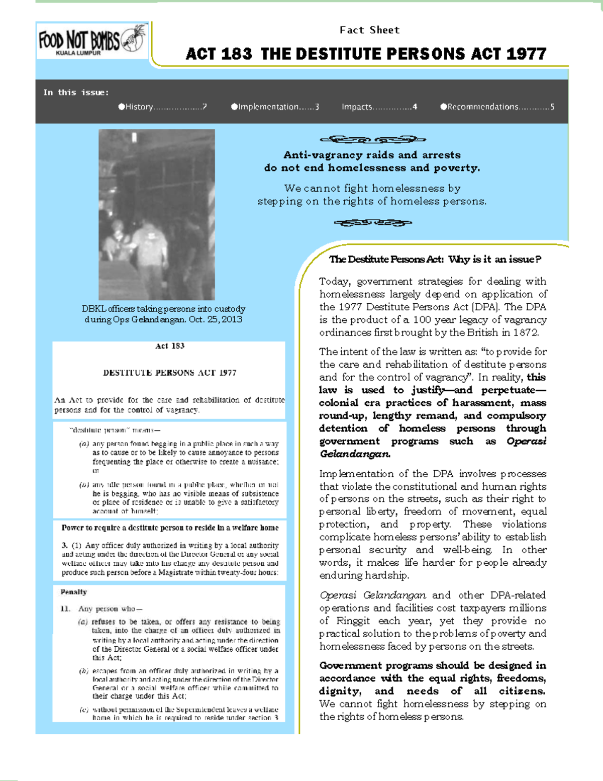 Destitute Persons Act Fact Sheet: Issues & Recommendations (ACT 183 ...