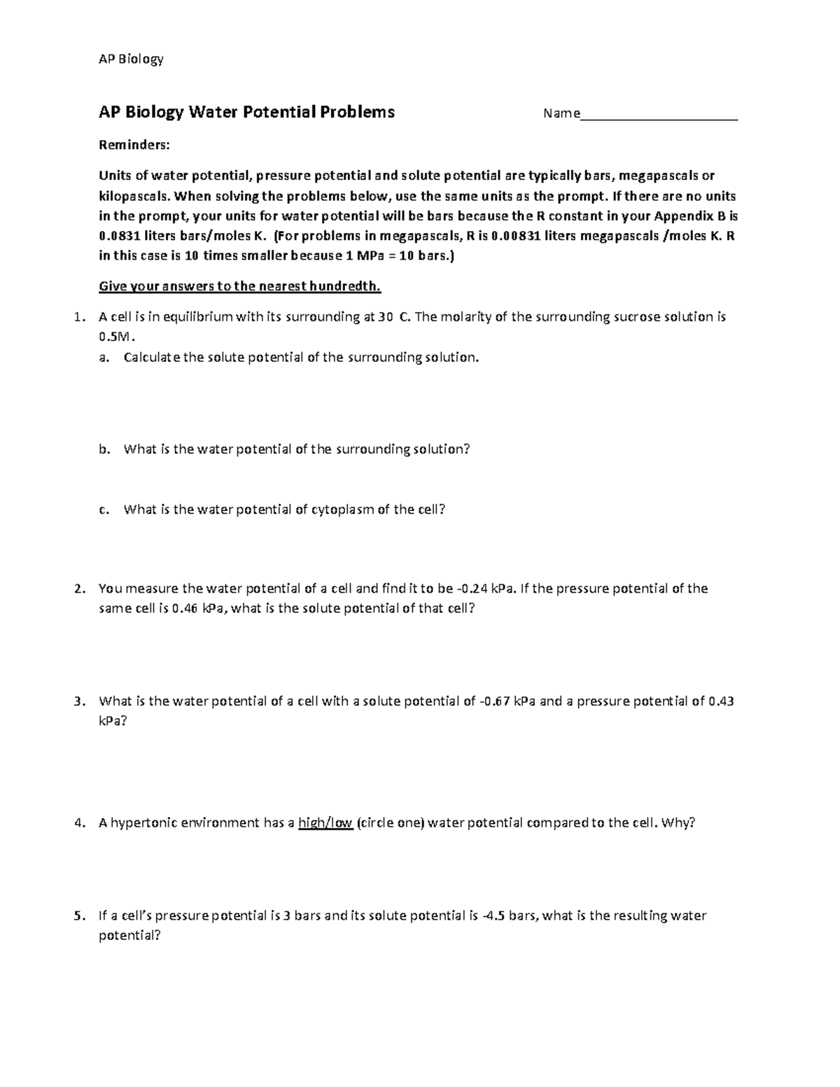 AP Biology Water Potential Problems & Solutions - Studocu