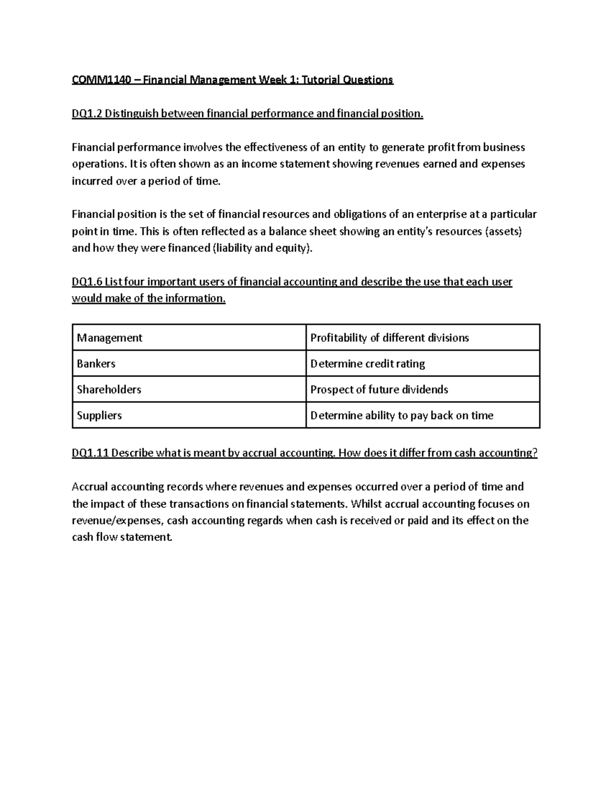 COMM1140 Week 1 Homework - COMM1140 – Financial Management Week 1 ...
