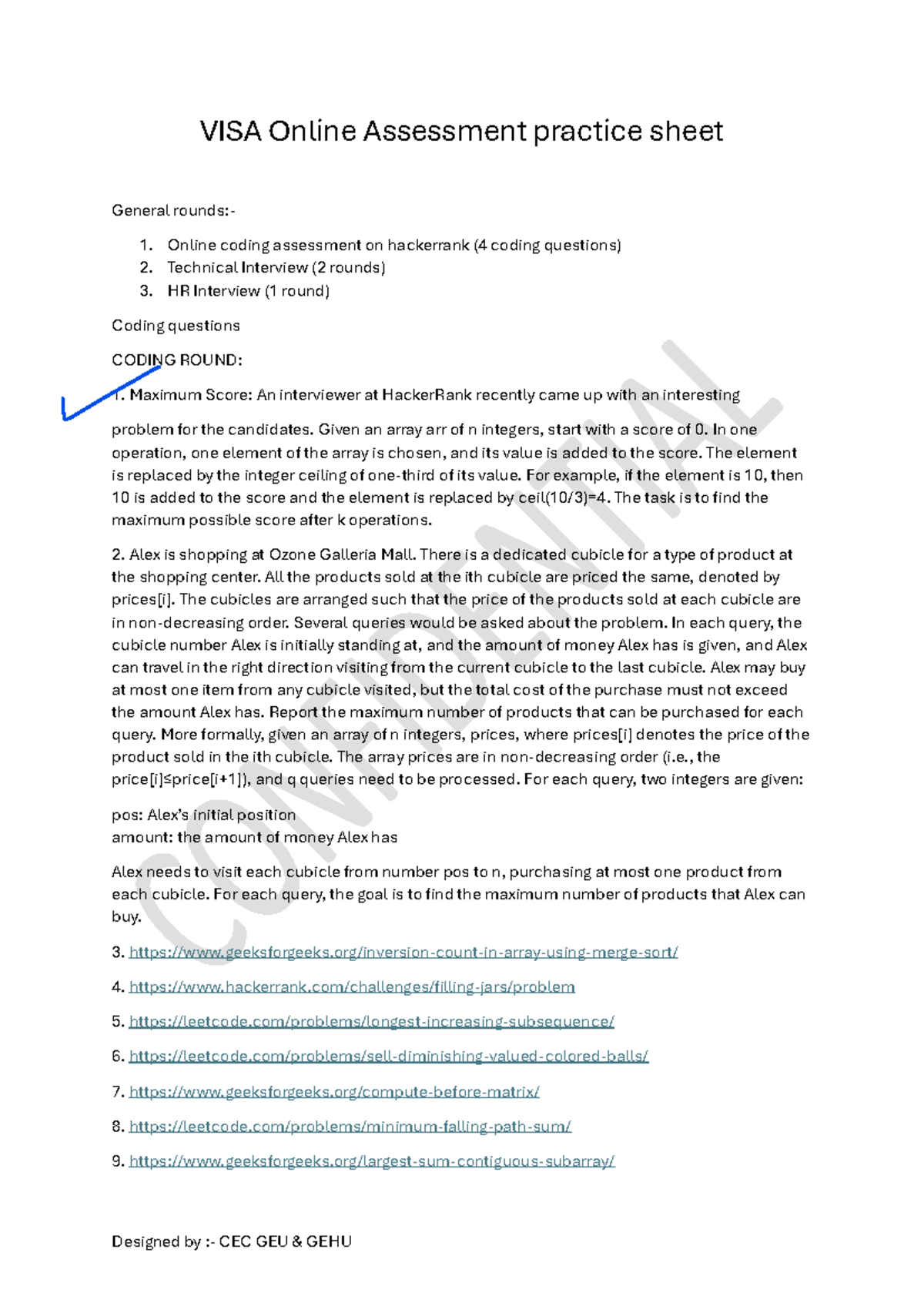 VISA Online Assessment Practice Sheet: Coding & Interview Prep - Studocu