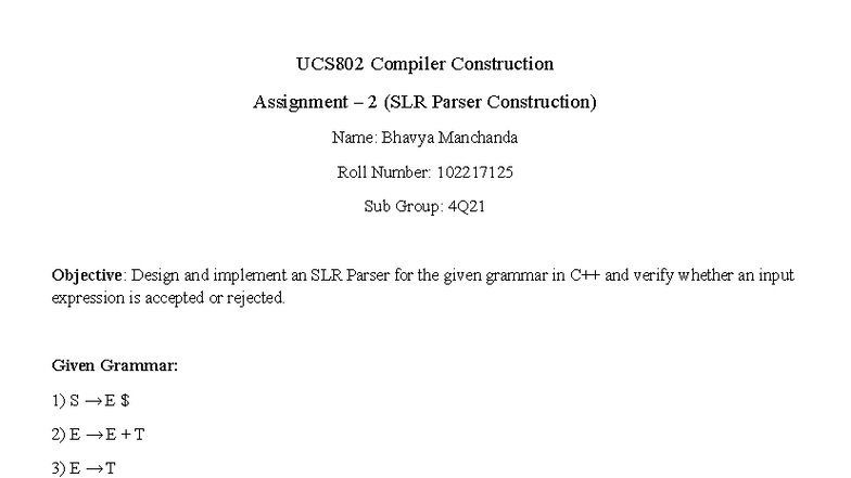 UCS802 Compiler Construction Assignment 2: SLR Parser Design - Studocu