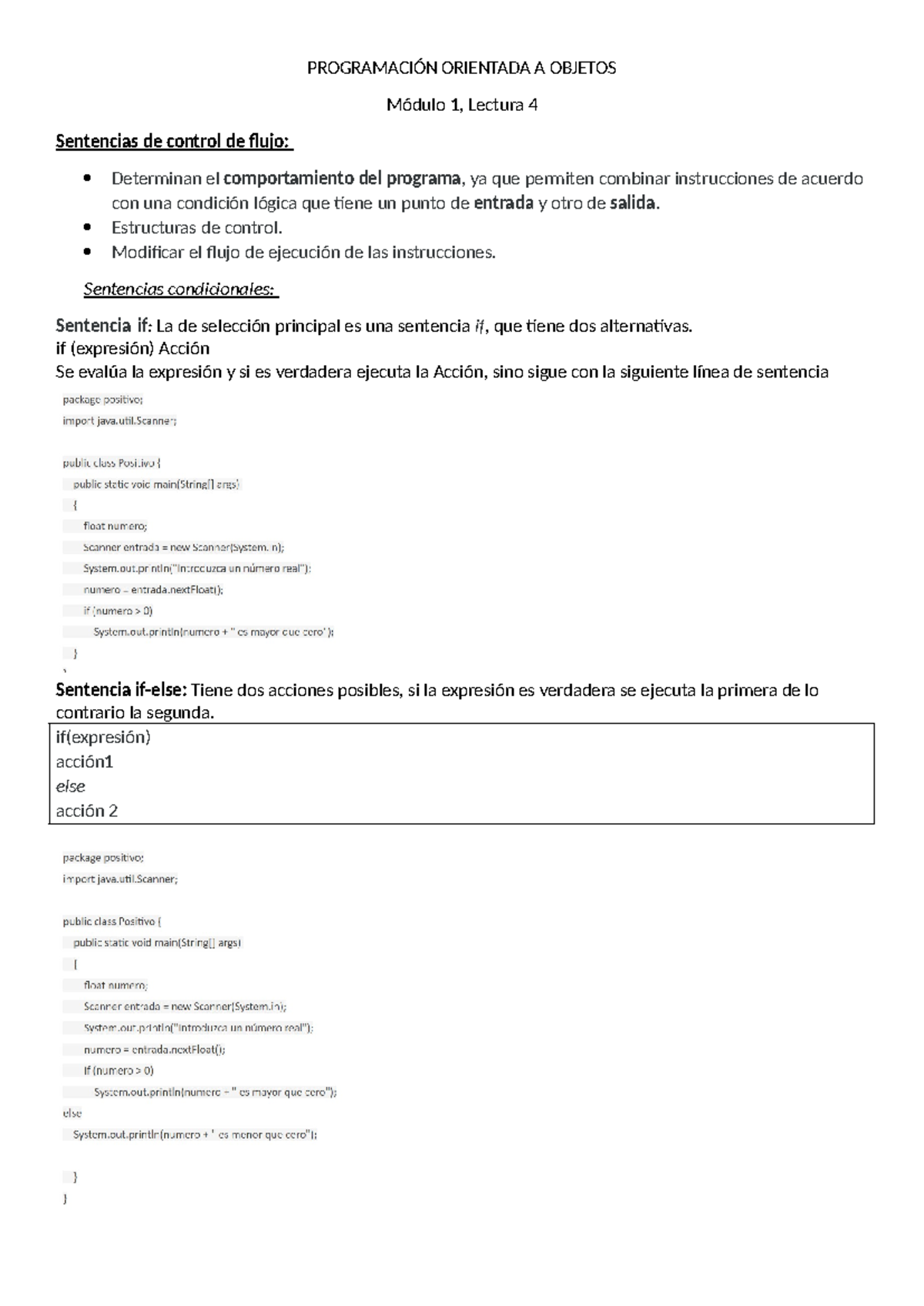 Resumen poo Módulo 2 - PROGRAMACIÓN ORIENTADA A OBJETOS Módulo 1, Lectura 4 Sentencias de ...