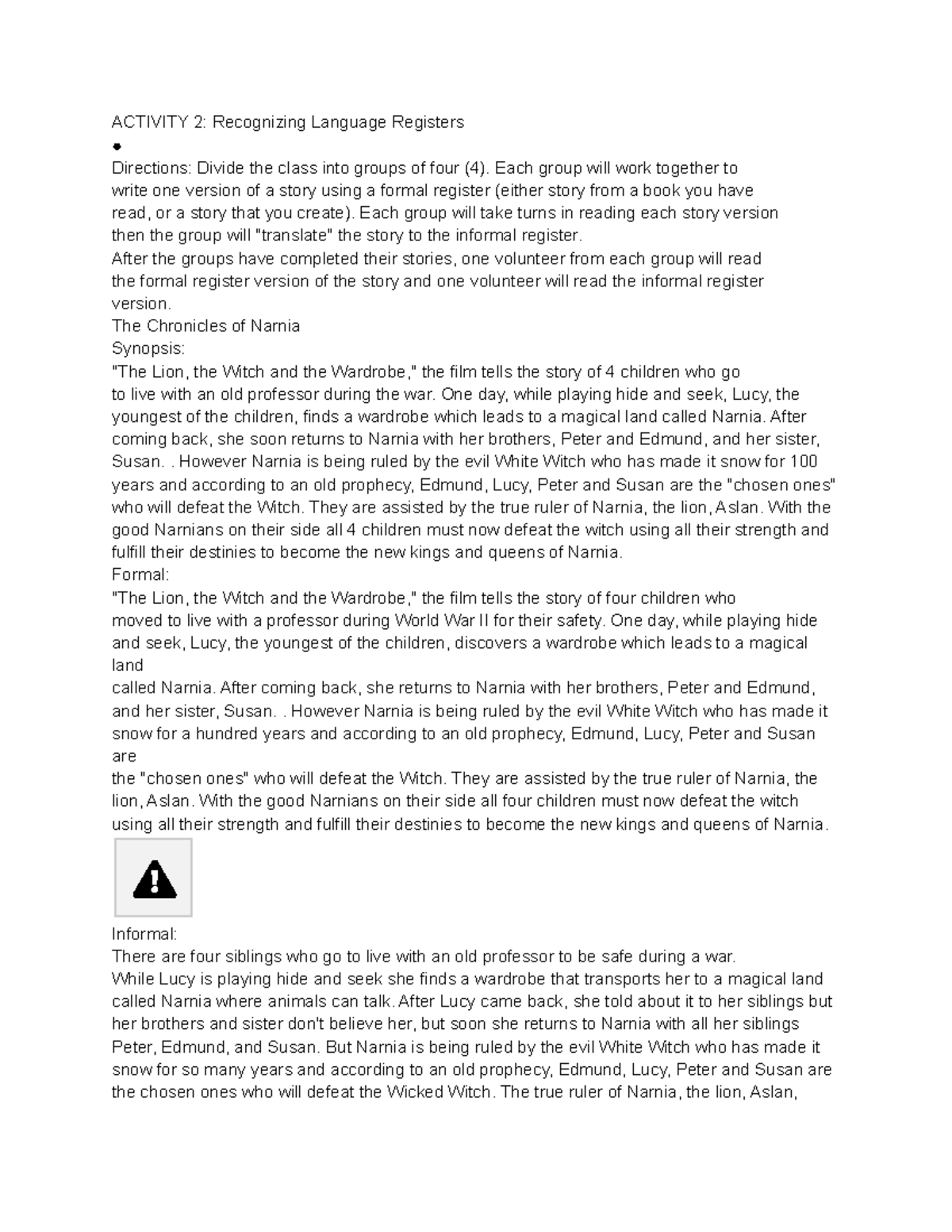 Activity 2 Recognizing Language Registers - ACTIVITY 2: Recognizing ...