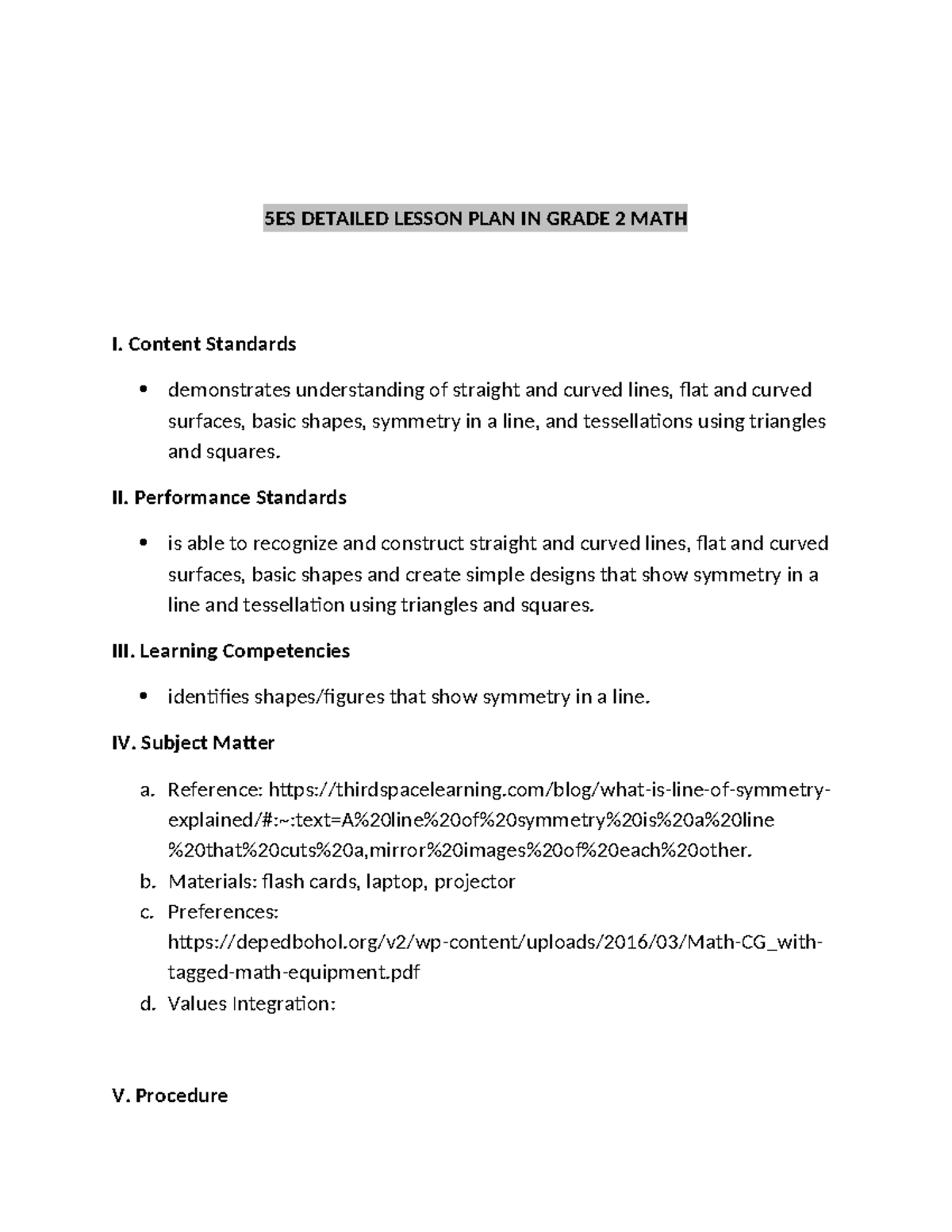 5ES Detailed Lesson Plan for Grade 2 Math: Shapes & Symmetry - Studocu