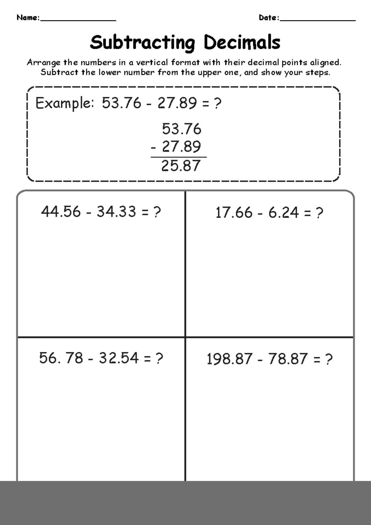 Subtracting Decimals - 5th Grade Worksheet - Arrange the numbers in a ...