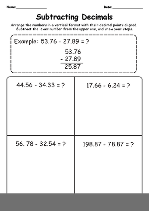 Decimal Operations Practice - 5th Grade Worksheet - 3 + 2 = 8 + 4 = 9 ...