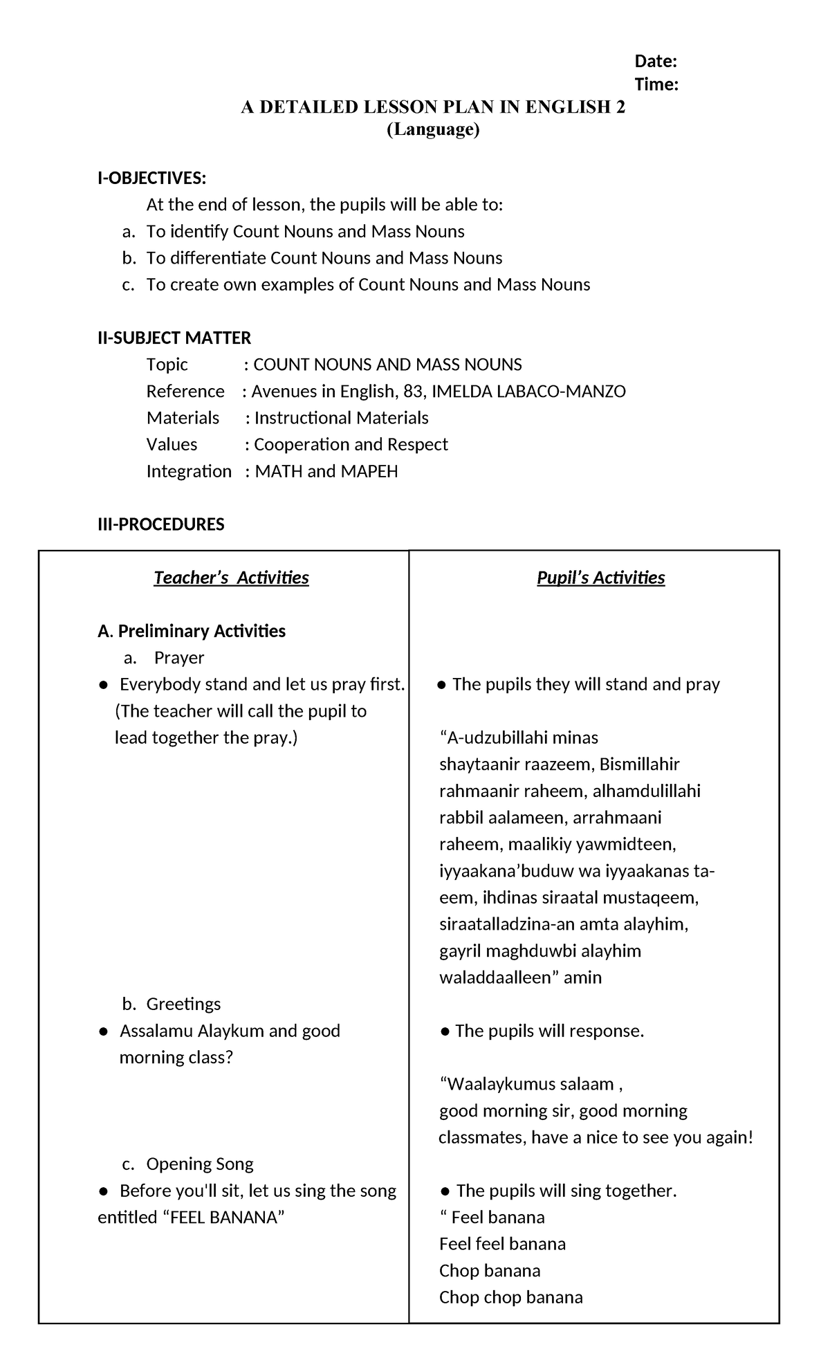 Detailed Lesson Plan: Count Nouns & Mass Nouns (ENG 2) - Studocu