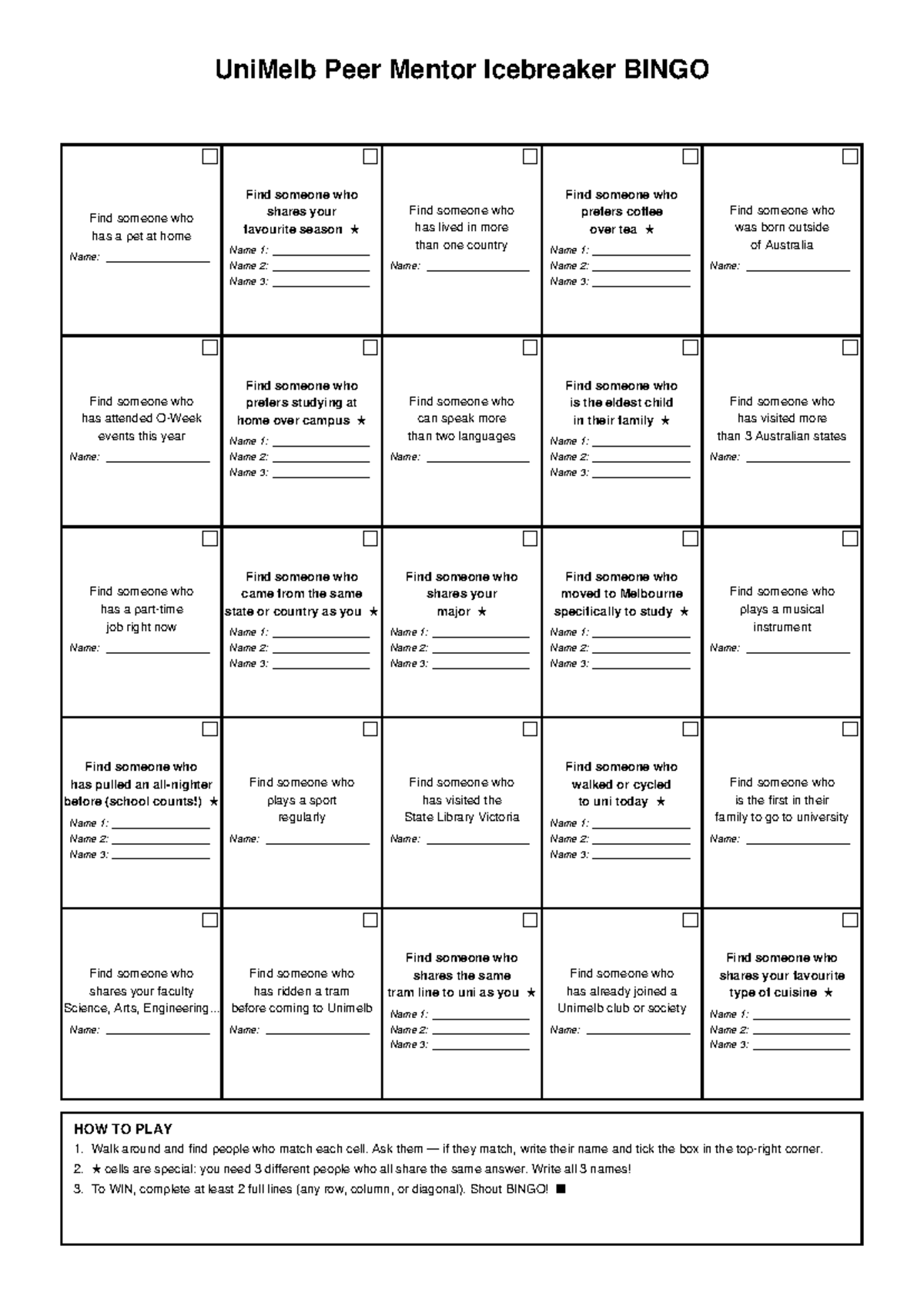 UniMelb Peer Mentor Icebreaker BINGO Activity Guide - Studocu