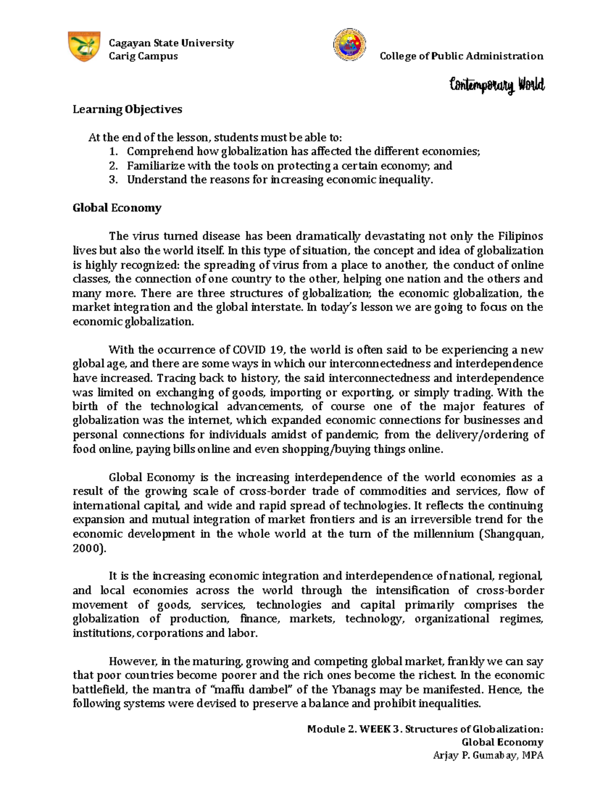 Lesson 3: Global Economy Structures and Inequality - Module 2 - Studocu