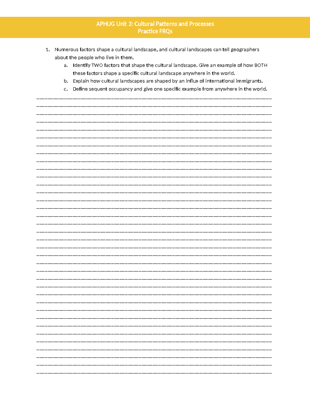 APHUG Unit 3 Practice FRQs: Cultural Patterns & Immigrant Influences ...