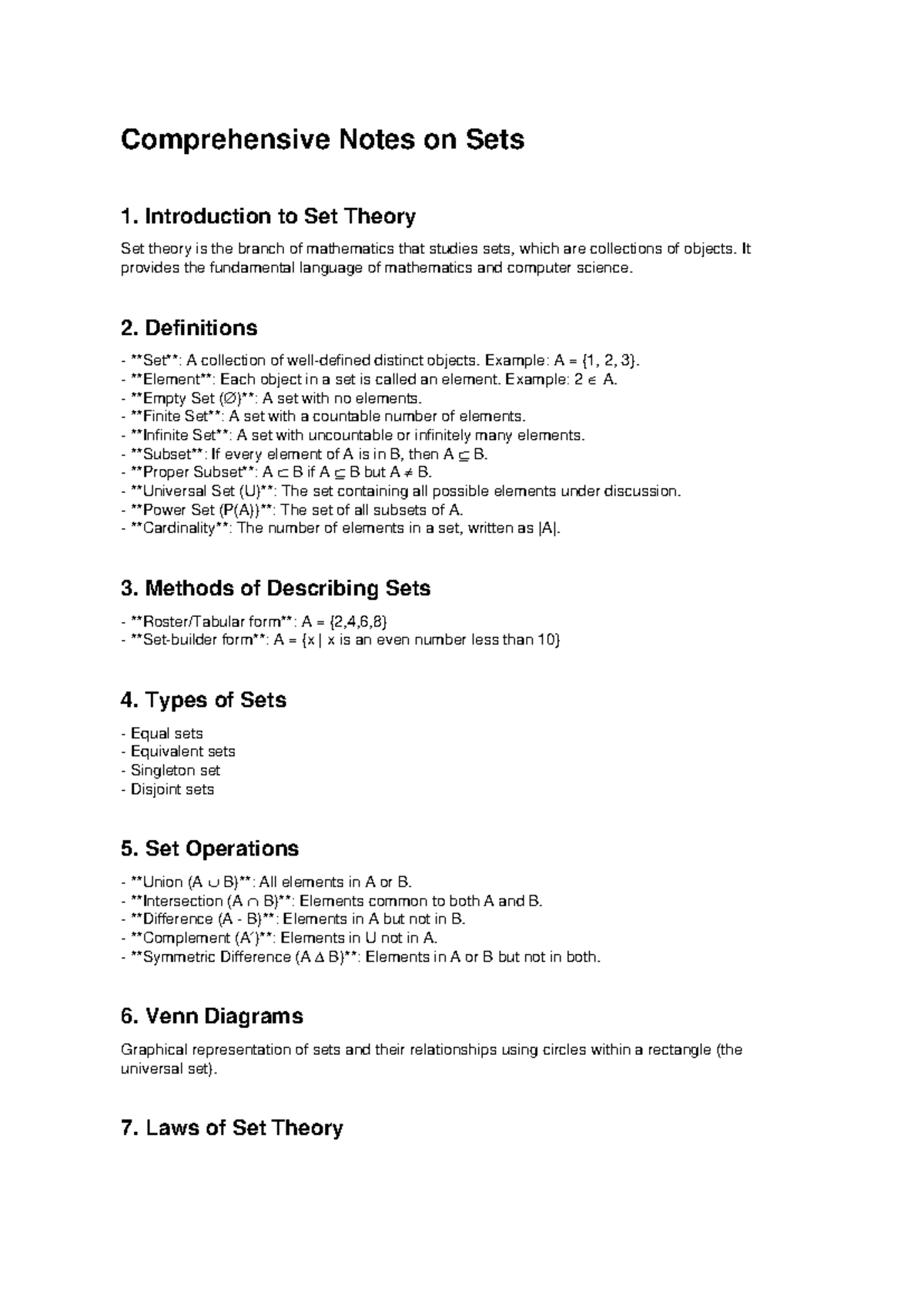 Sets Notes for Revision: Introduction to Set Theory and Operations ...