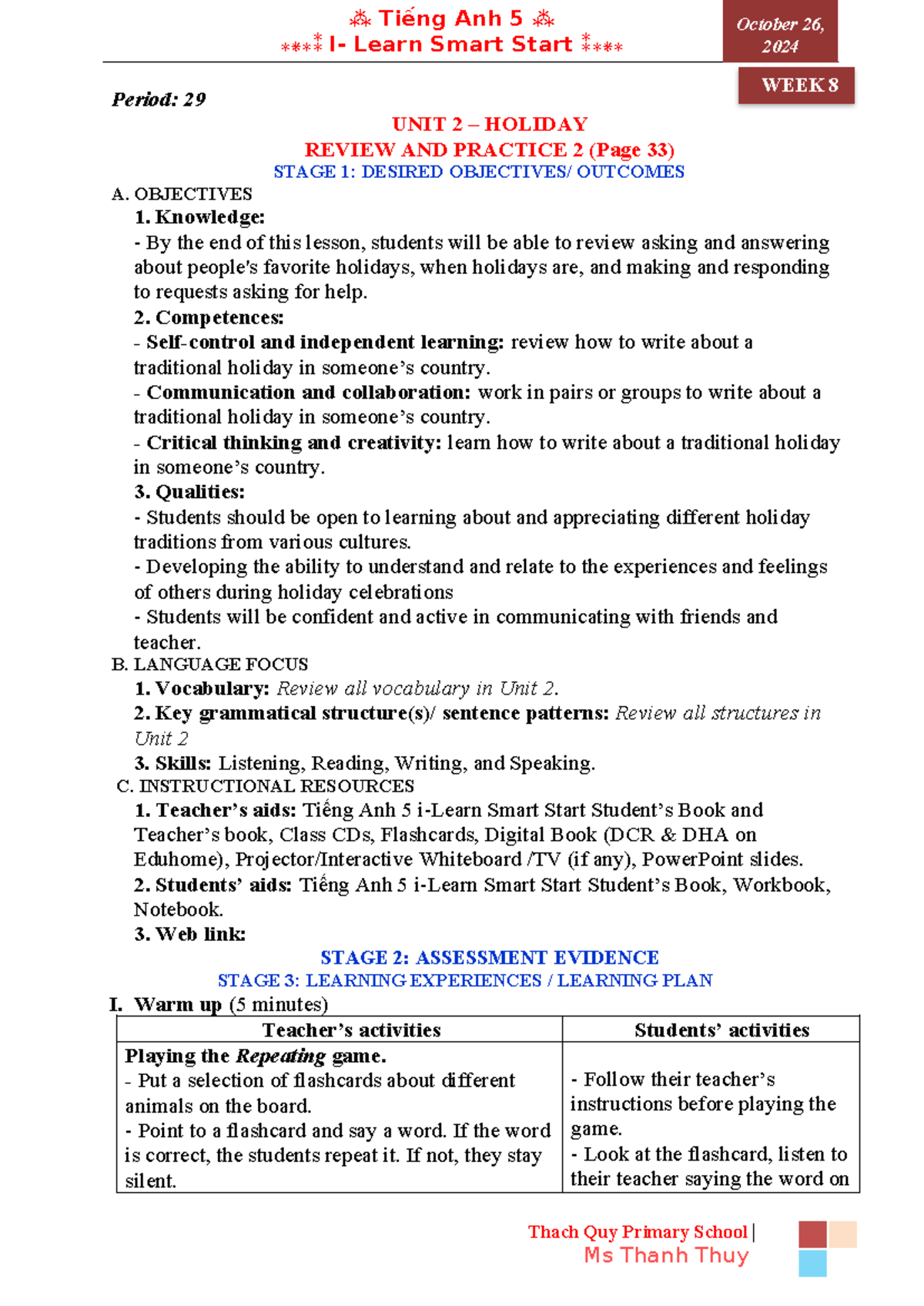 Grade 5 WEEK 8 - English Lesson on Holidays and Adverbs - Studocu