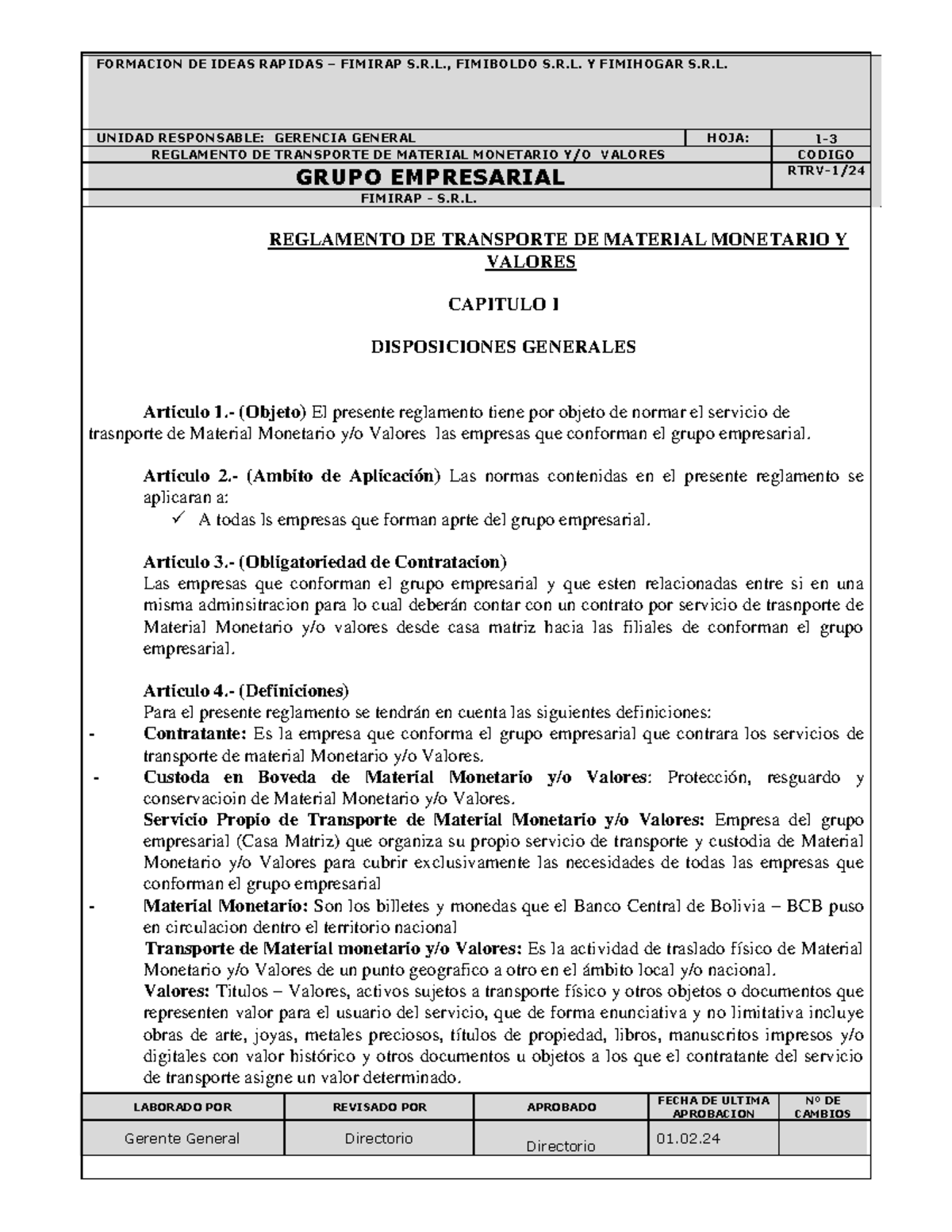 Reglamento de Transporte de Material Monetario y Valores FIMIRAP S.R.L ...