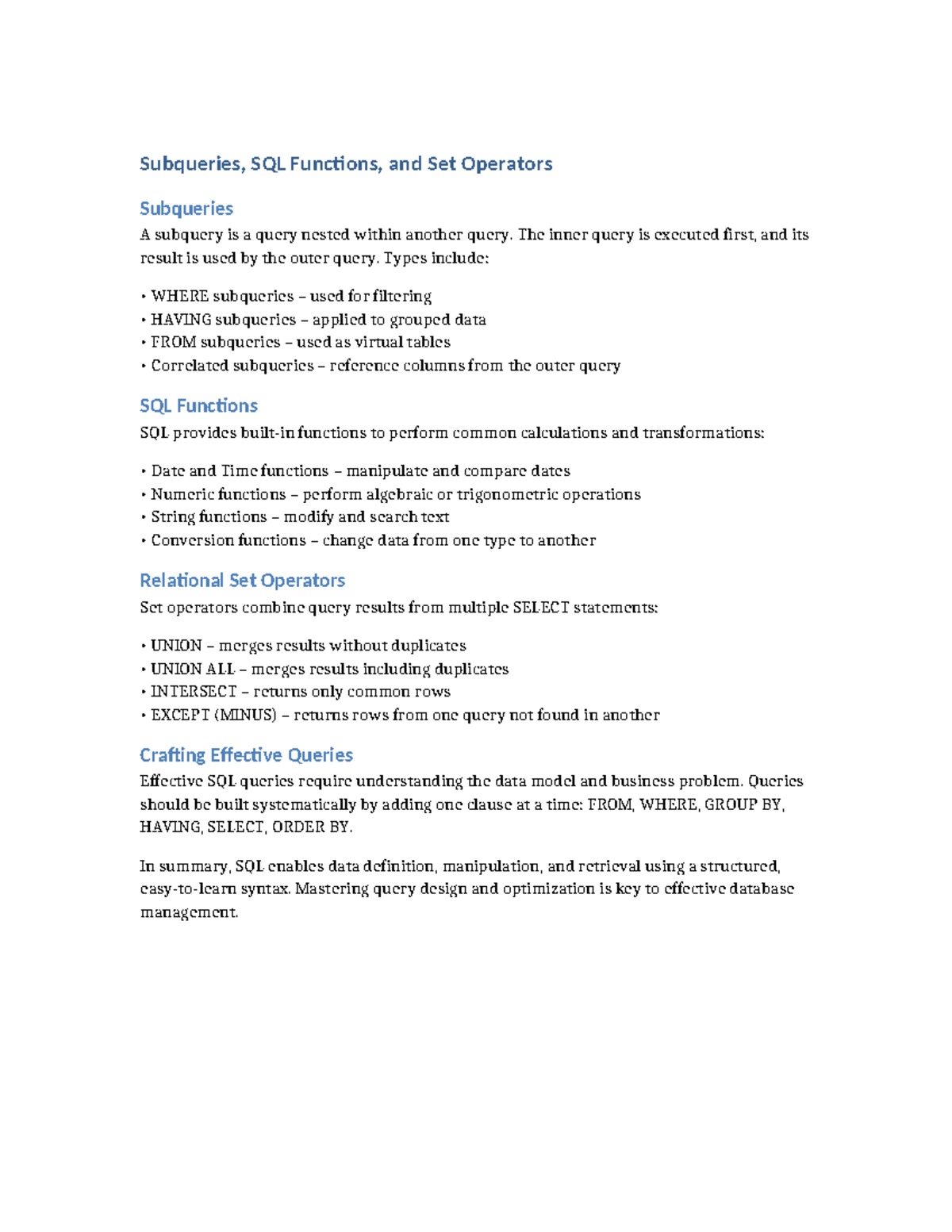 SQL Summary Part 3: Subqueries, Functions & Set Operators - Studocu