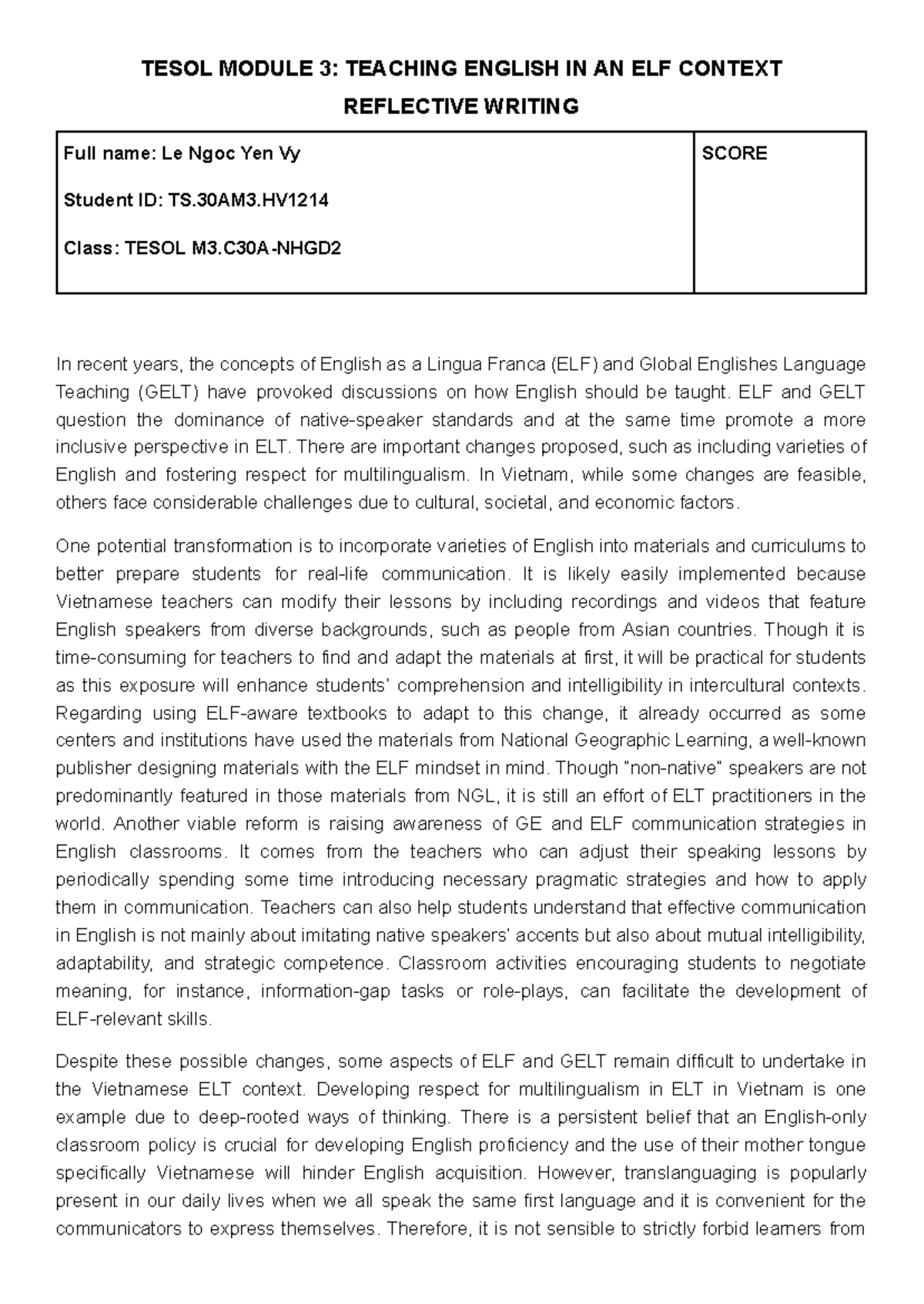 22. LE NGOC YEN VY - elf - TESOL MODULE 3: TEACHING ENGLISH IN AN ELF ...