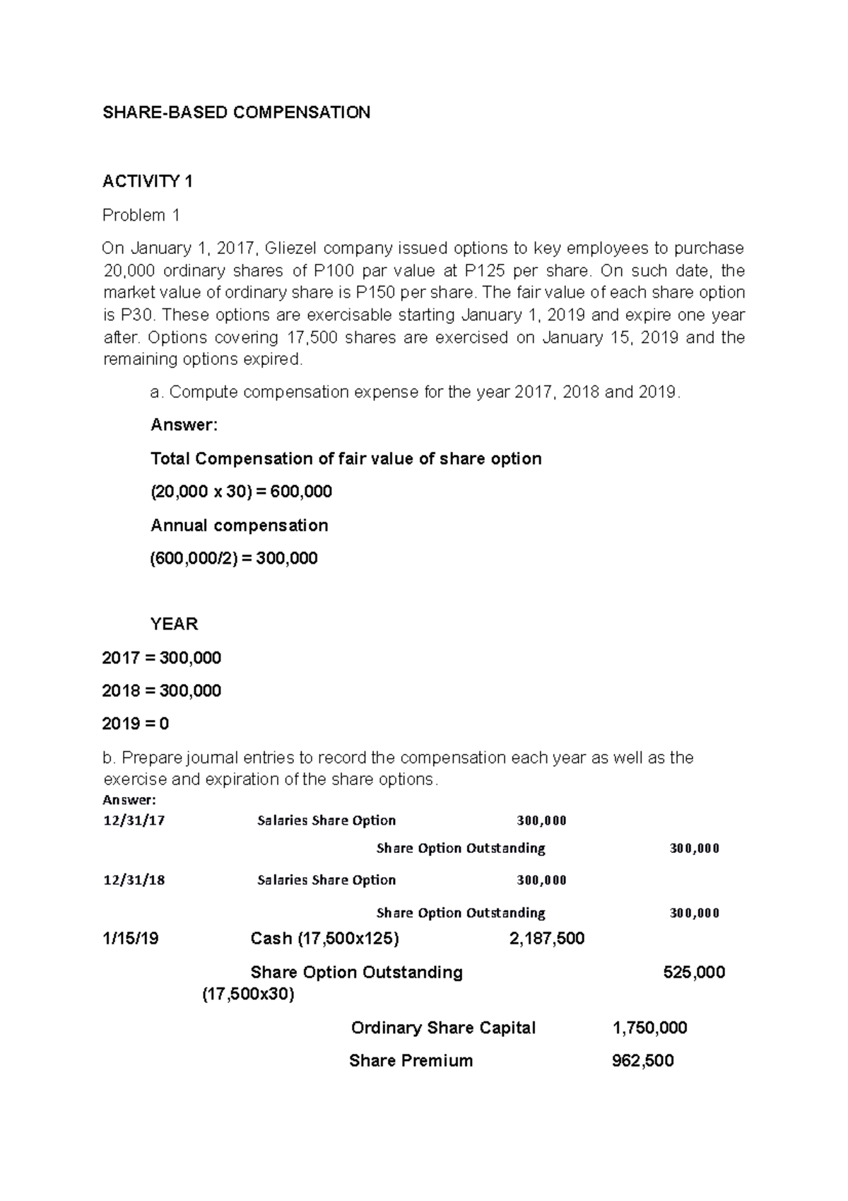 Share-Based Compensation Analysis: Journal Entries & Expenses (ACC101 ...