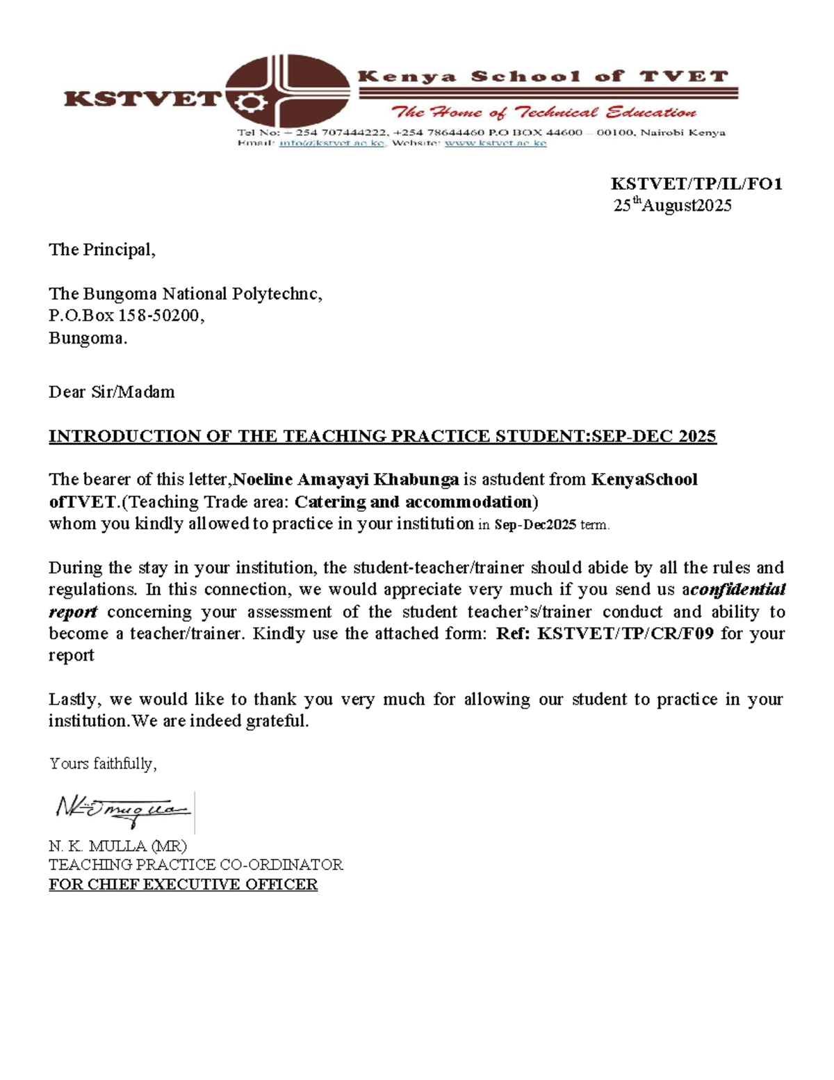 Teaching Practice Introduction Letter - TVET 2025 - Studocu