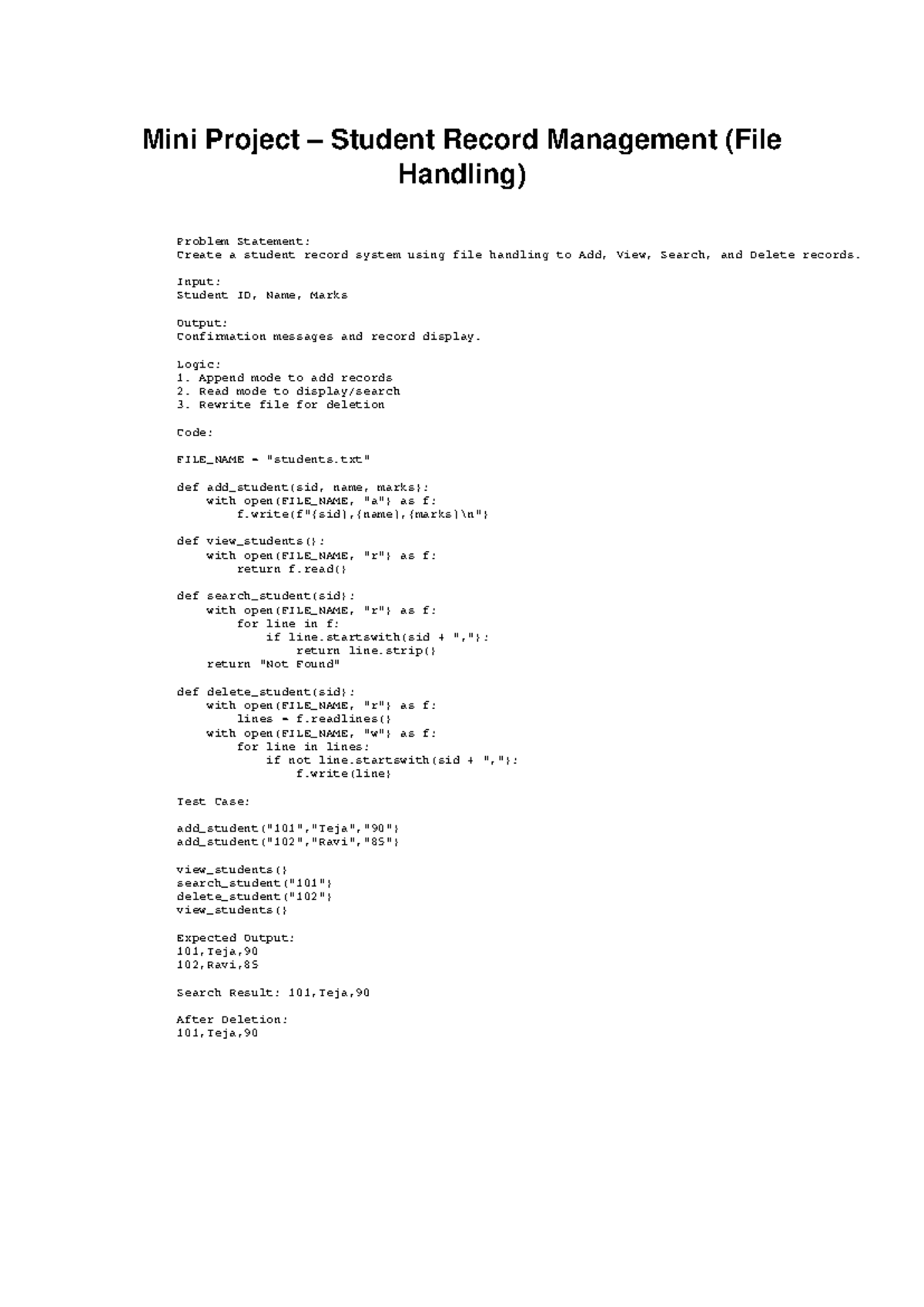 Mini Project: Student Record Management (File Handling) - Studocu