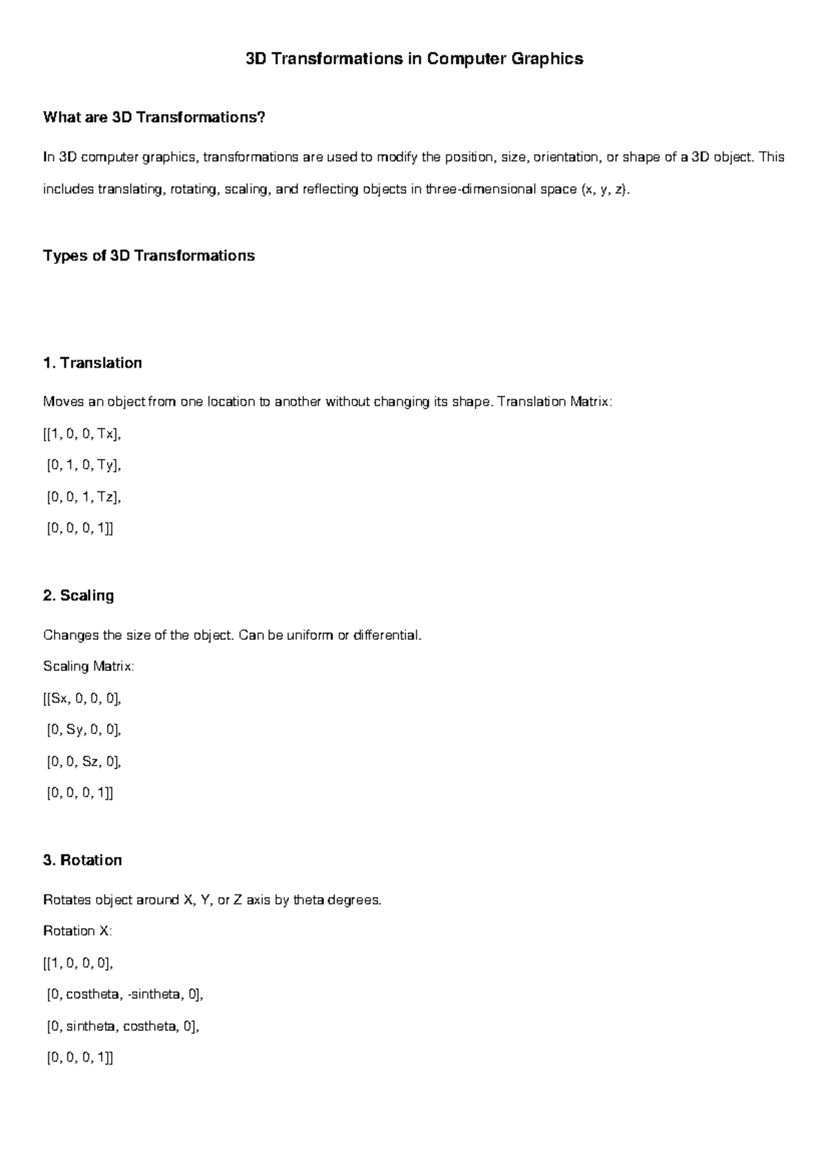 3D Transformations in Computer Graphics: Overview and Types - Studocu