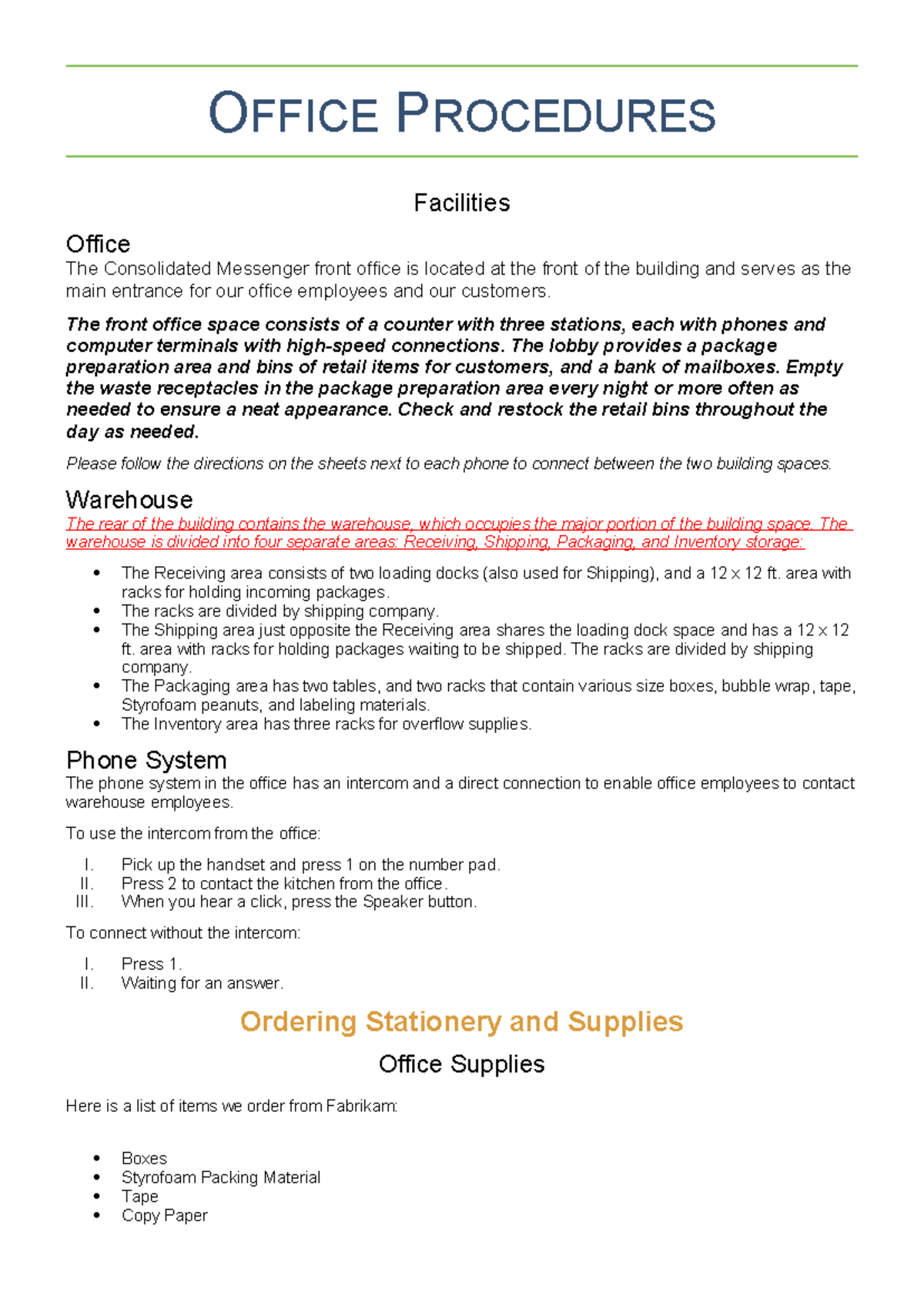 Office Procedures: Facilities & Warehouse Overview - Studocu