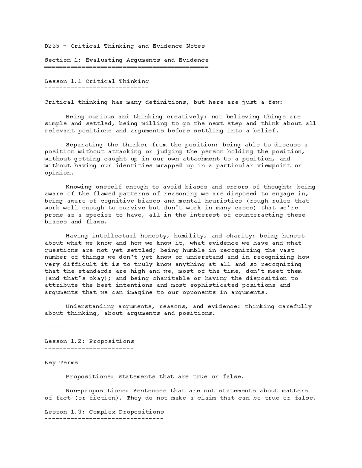 D265 - Critical Thinking Notes: Evaluating Arguments & Evidence - Studocu