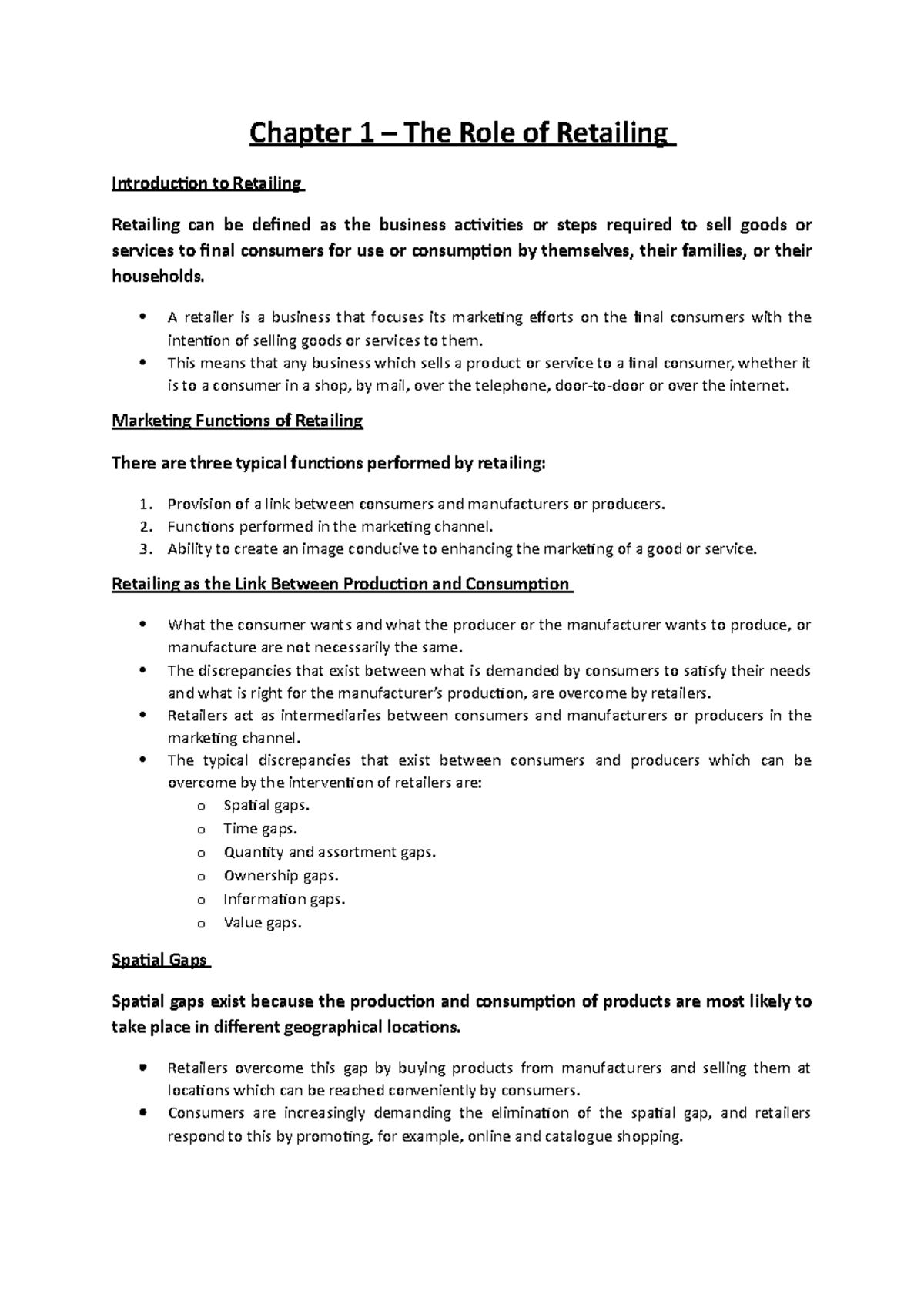 Chapter 1 - The Role of Retailing Notes - Chapter 1 – The Role of ...