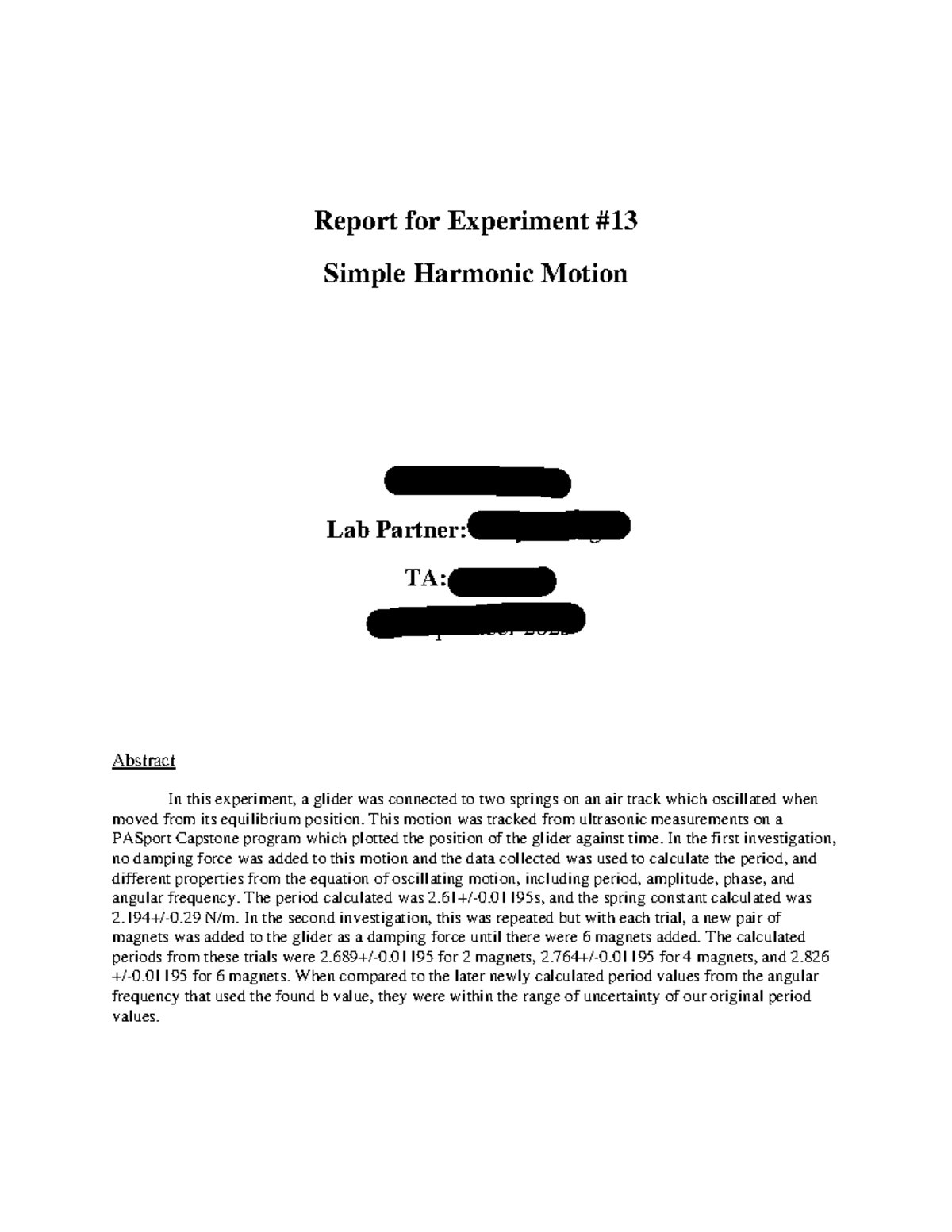 Lab Report13-Simple Harmonic Motion - Report for Experiment Simple ...