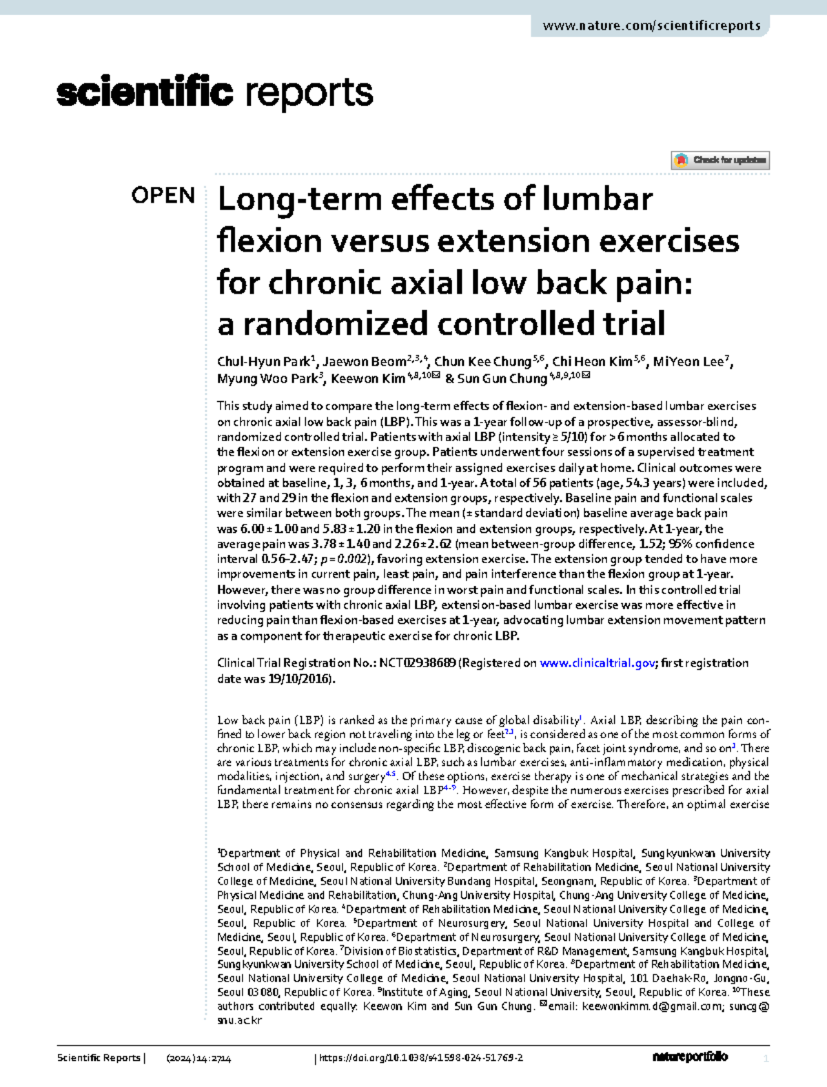 Long-term Effects of Lumbar Flexion vs. Extension Exercises for Chronic ...