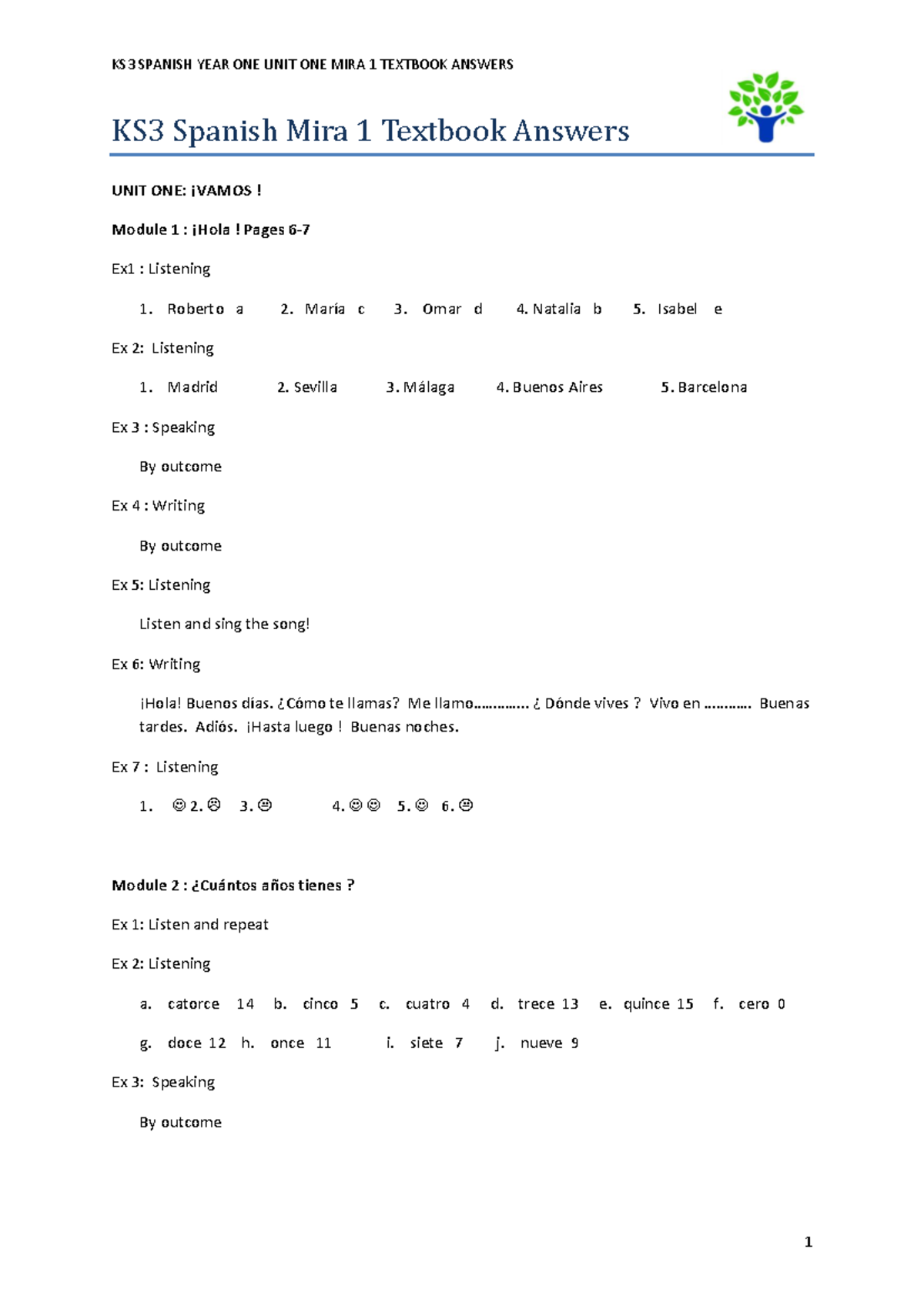 [M1] KS3 Spanish Mira 1 Unit 01 Textbook Answers - Listening & Writing ...