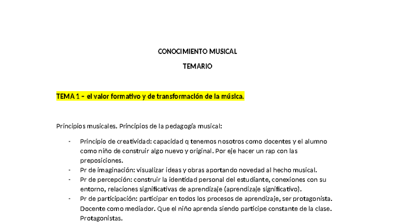 Teoría de Conocimiento Musical: Temario y Principios Educativos - Studocu