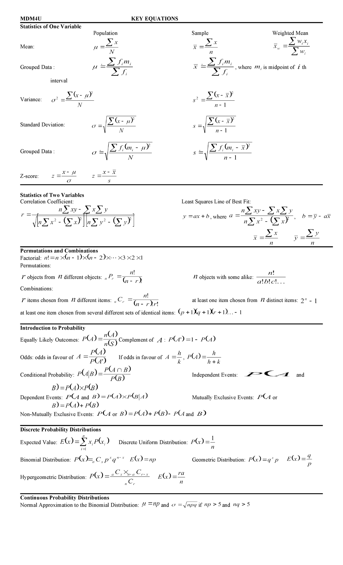 EXAM Formula Sheet - N/A - MDM4U KEY EQUATIONS Statistics of One ...