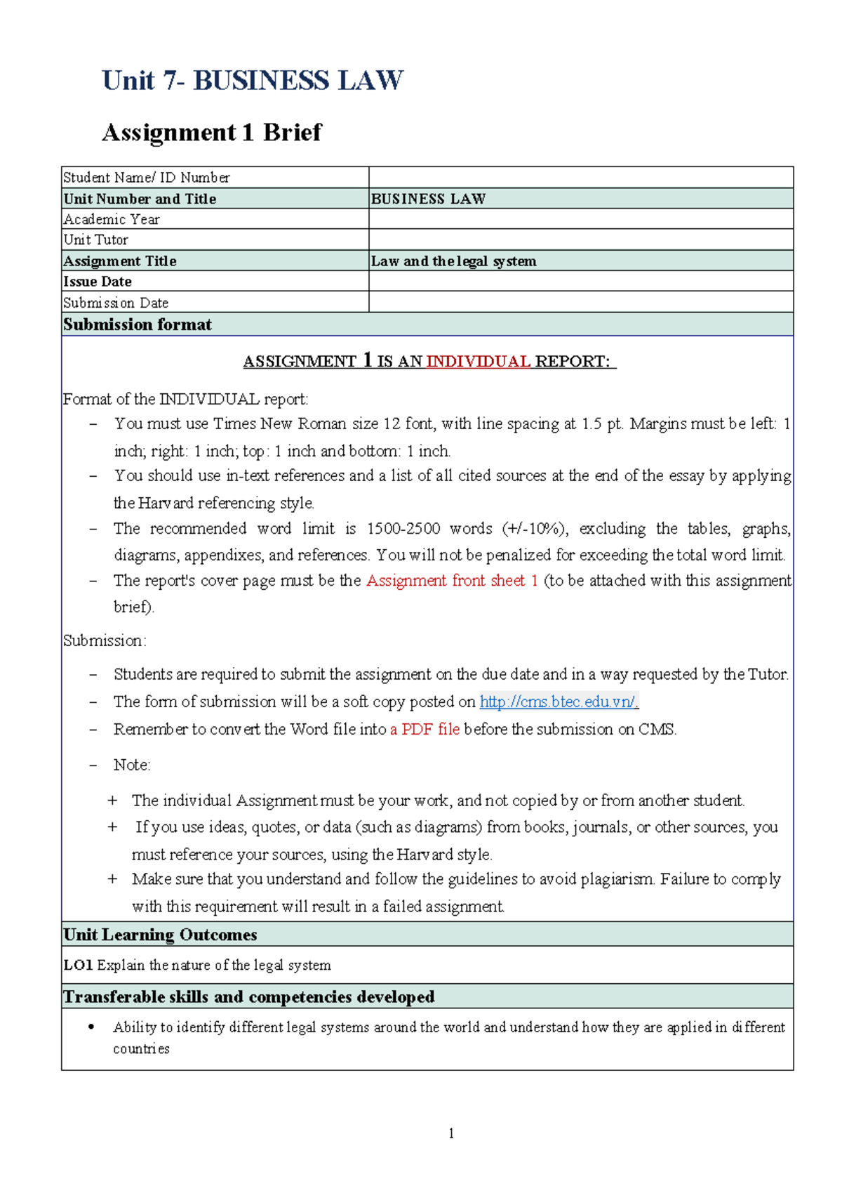 736 Assignment Brief 1 - Unit 7- BUSINESS LAW Assignment 1 Brief Student Name/ ID Number Unit ...