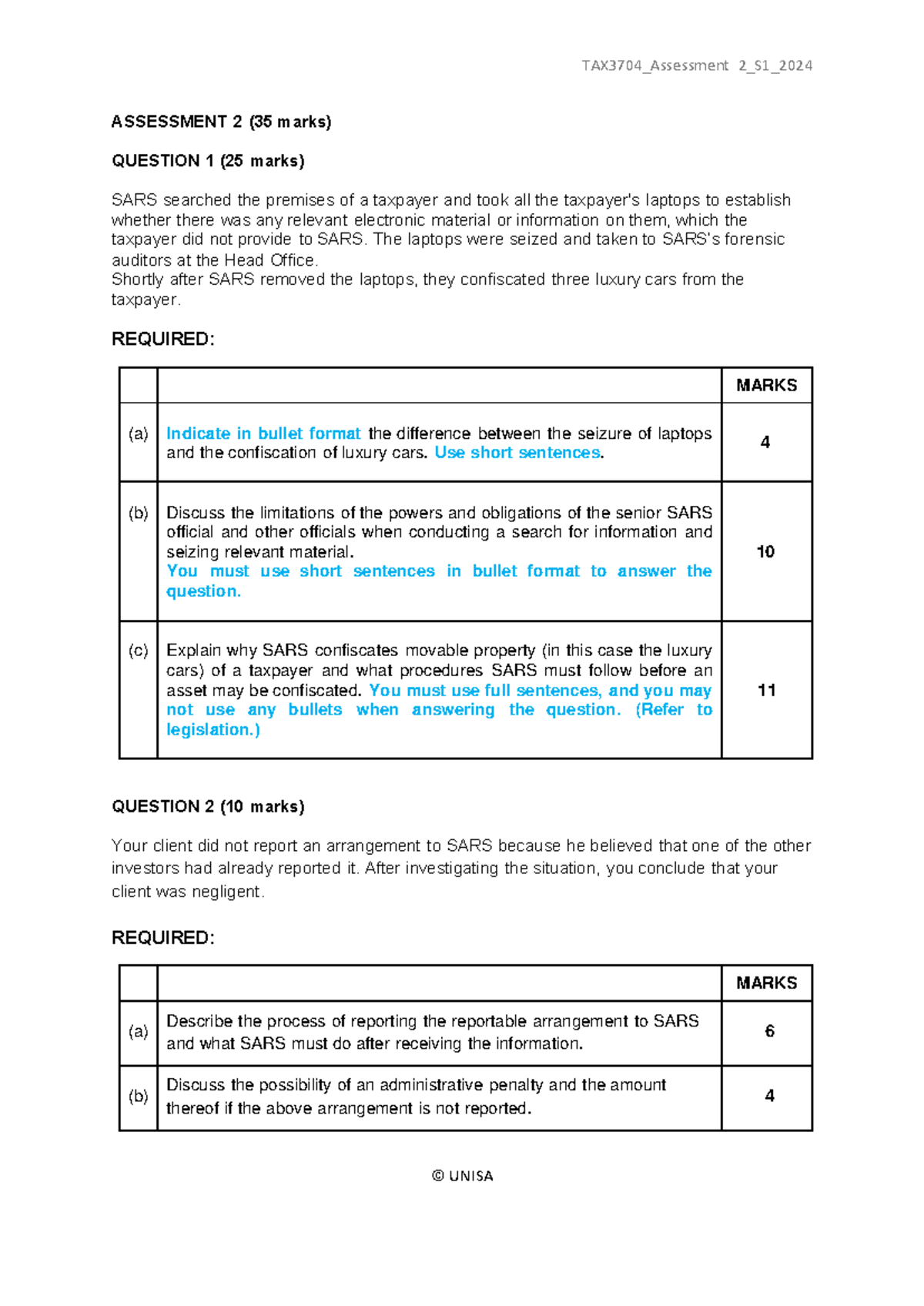 TAX3704 Assessment 2 S1 2024 Questions on SARS Seizures & Reporting ...