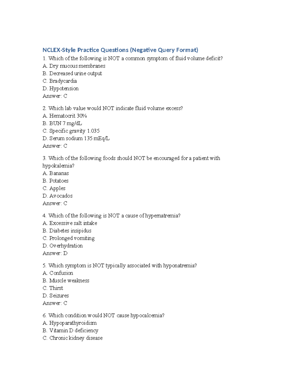 NCLEX Negative Style Practice Questions (50 Questions) - Studocu