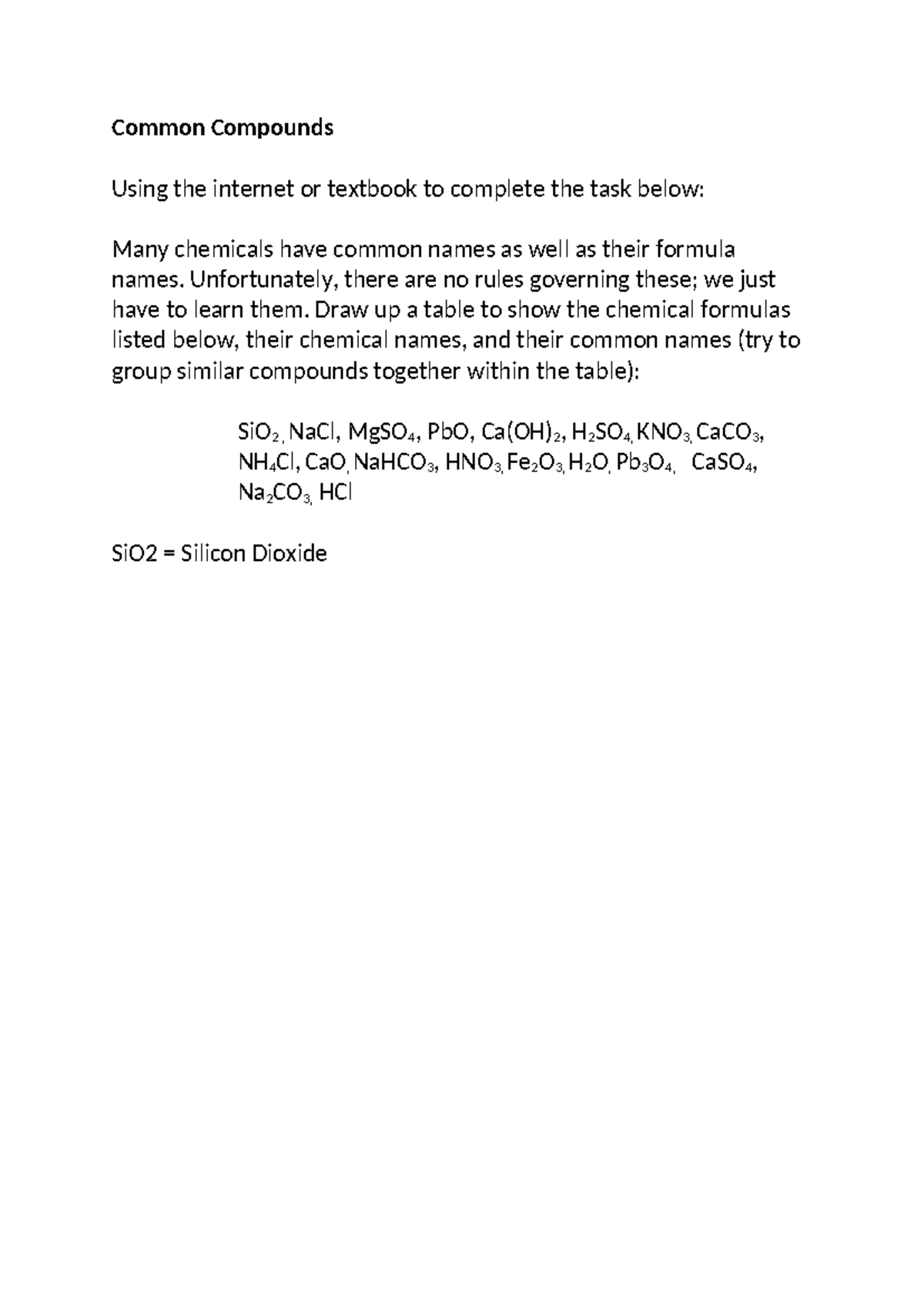 Common Compounds - Common Compounds Using the internet or textbook to ...