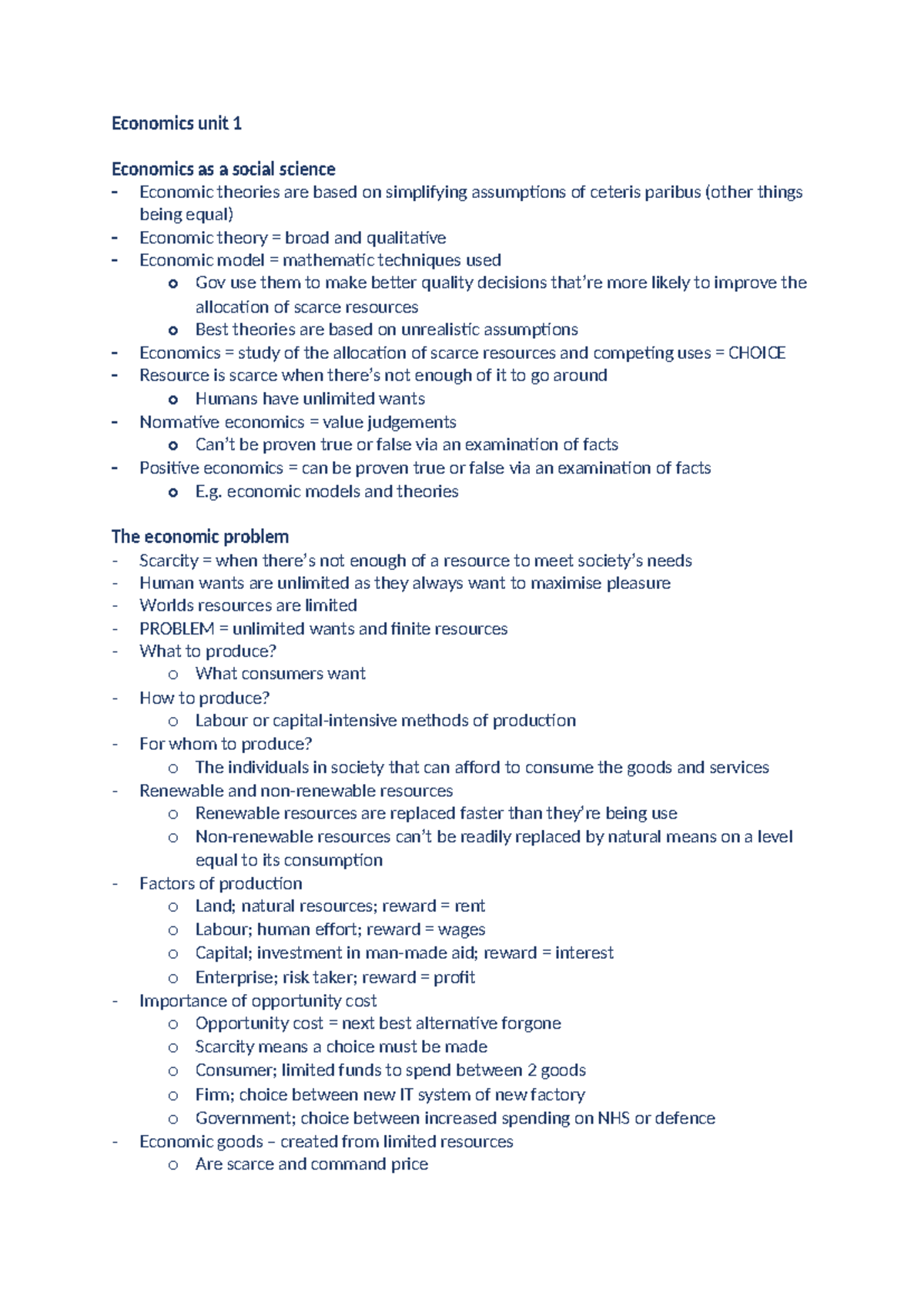 Economics Unit 1 Revision Notes: Understanding Key Concepts - Studocu
