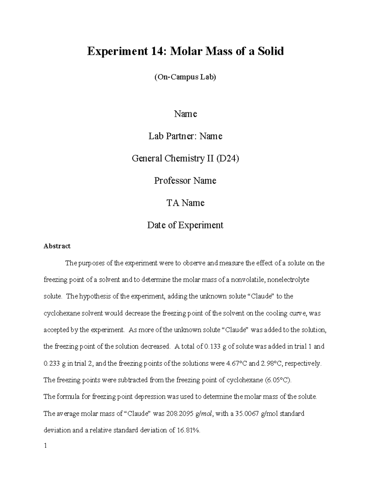 CHEM1310 Lab Report on Molar Mass Determination of Unknown Solute - Studocu