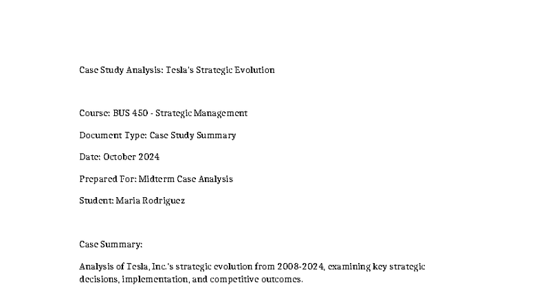 BUS 450 Midterm Case Study: Strategic Evolution of Tesla - Studocu