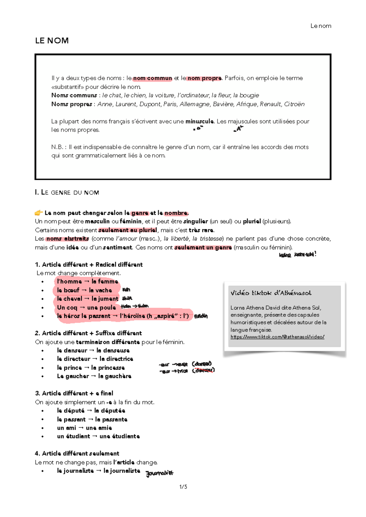 Le nom - Types et Genres des Noms en Français - WS, Prop1 - Studocu