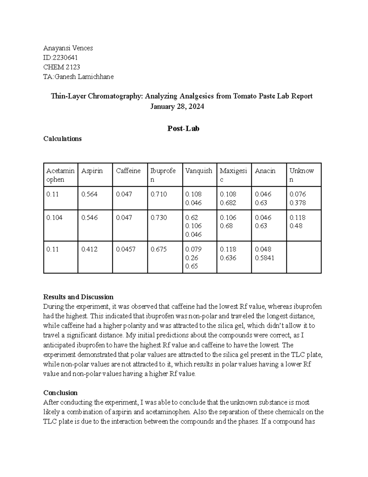 Lab Report 1 - TLC Analysis of Analgesics in Tomato Paste (CHEM 2123 ...