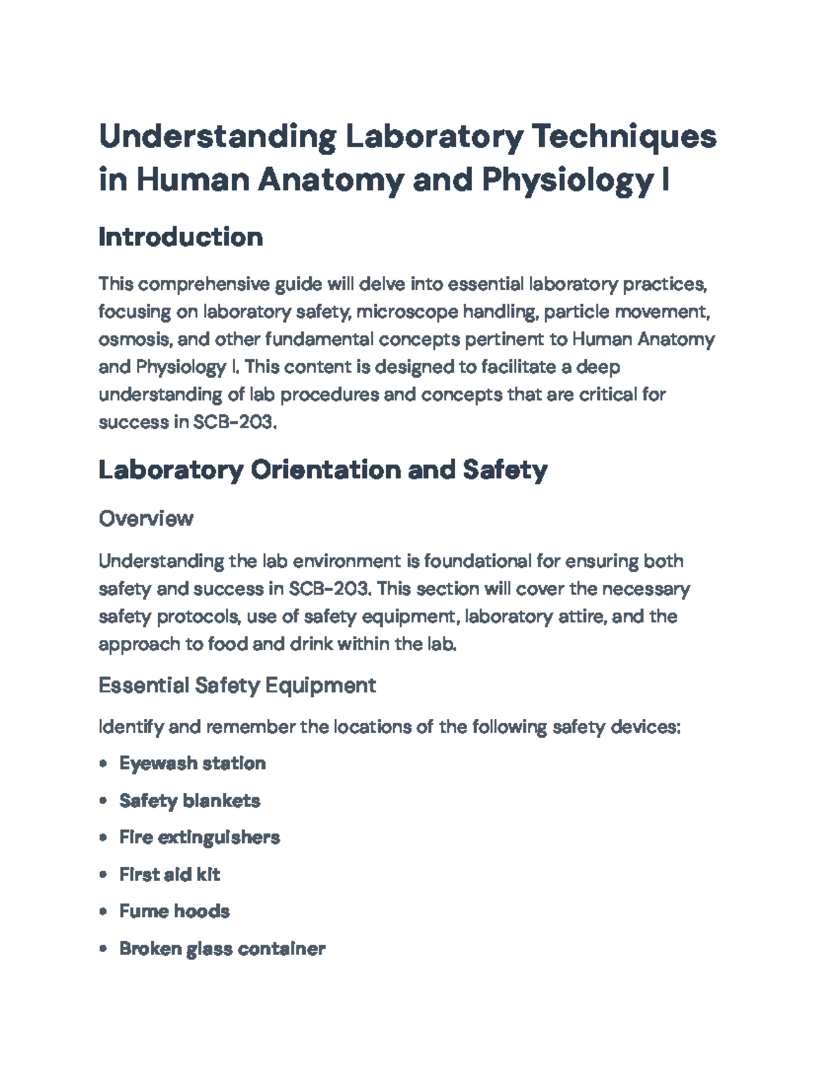 Laboratory Techniques & Safety in Human Anatomy & Physiology I (SCB-203 ...