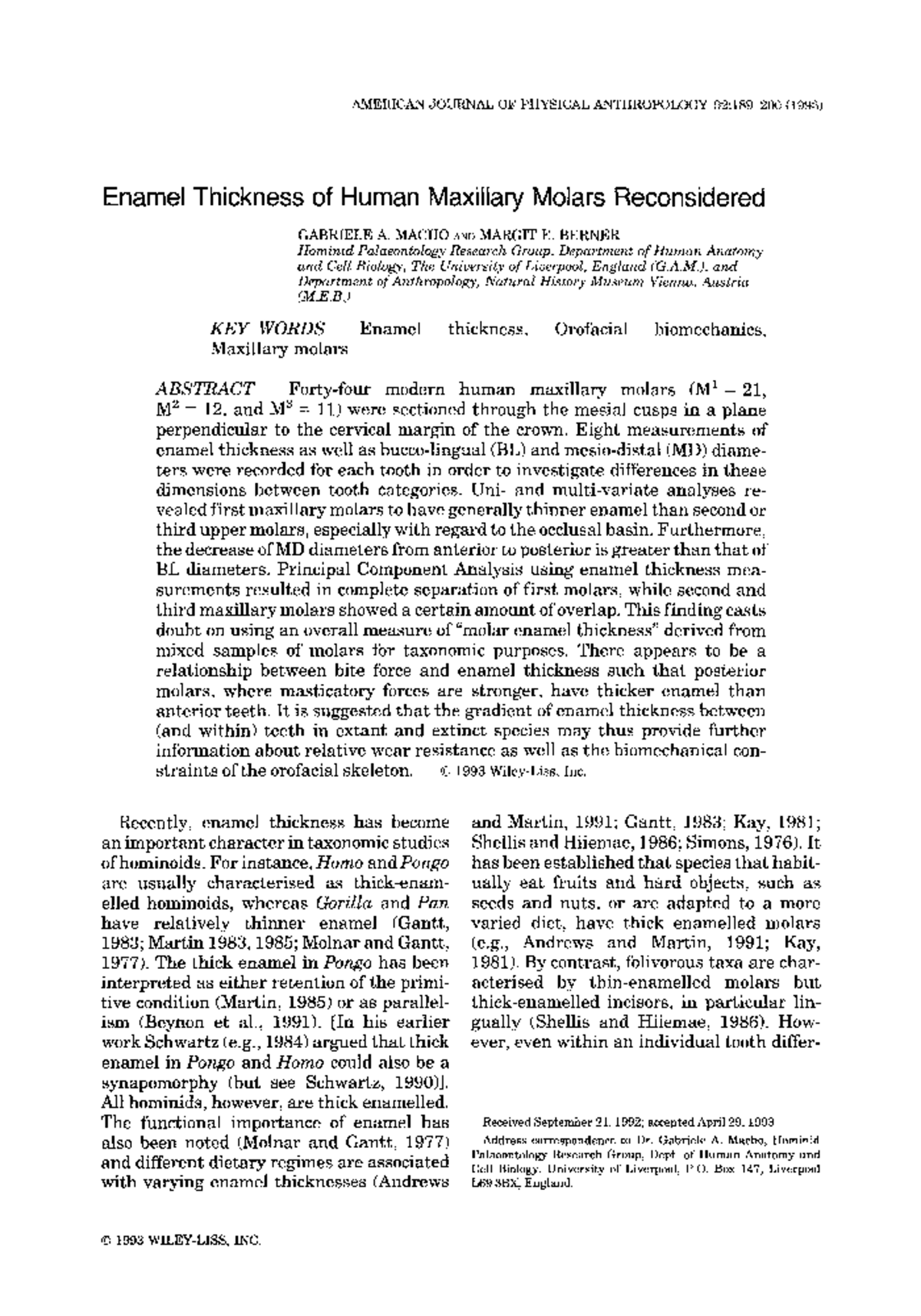 Enamel Thickness Distribution in Human Maxillary Molars - AJPA 1993 ...