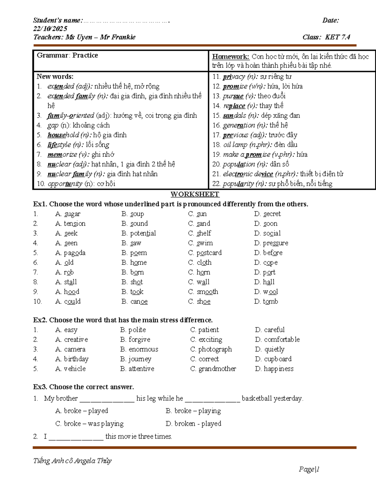 2210 KET 7.4 Grammar Practice Homework and Vocabulary Review - Studocu
